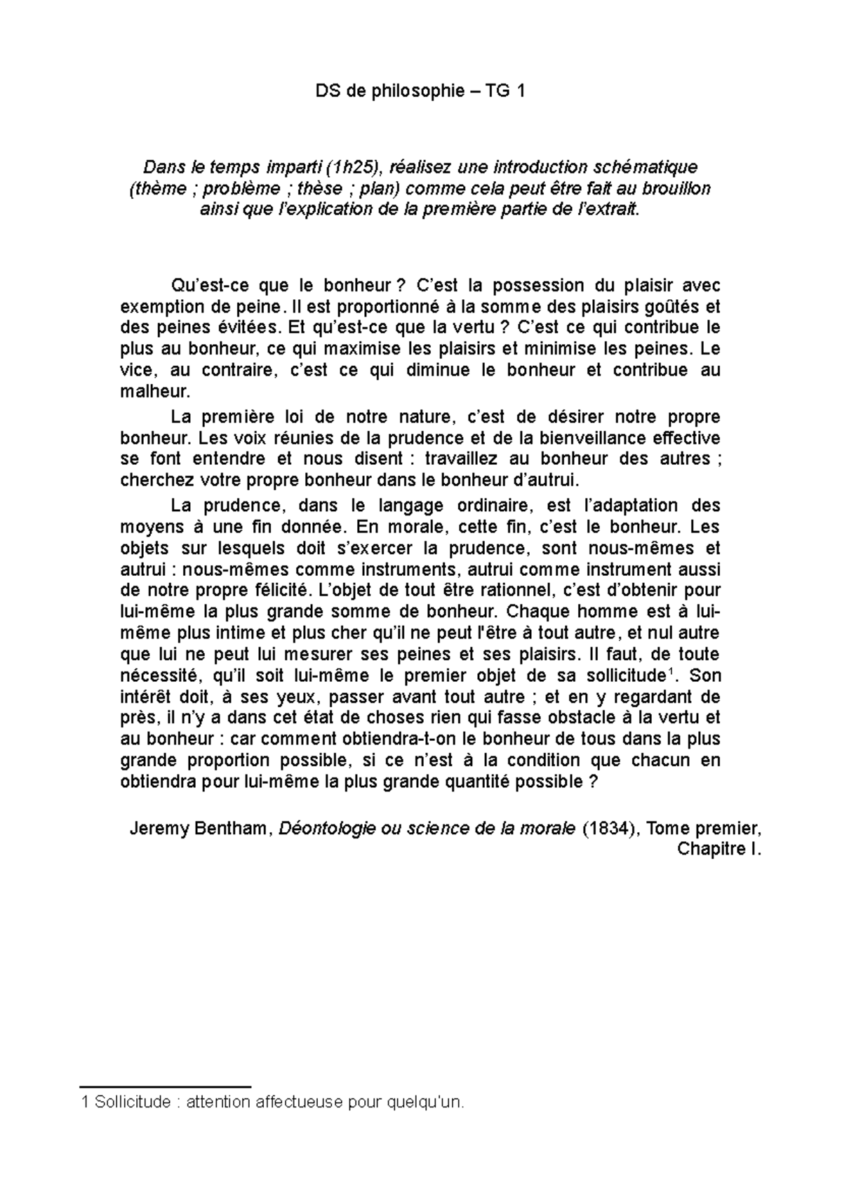 DS bonheur Bentham - examen explication de texte sur philo - DS de philosophie – TG 1 Dans le ...