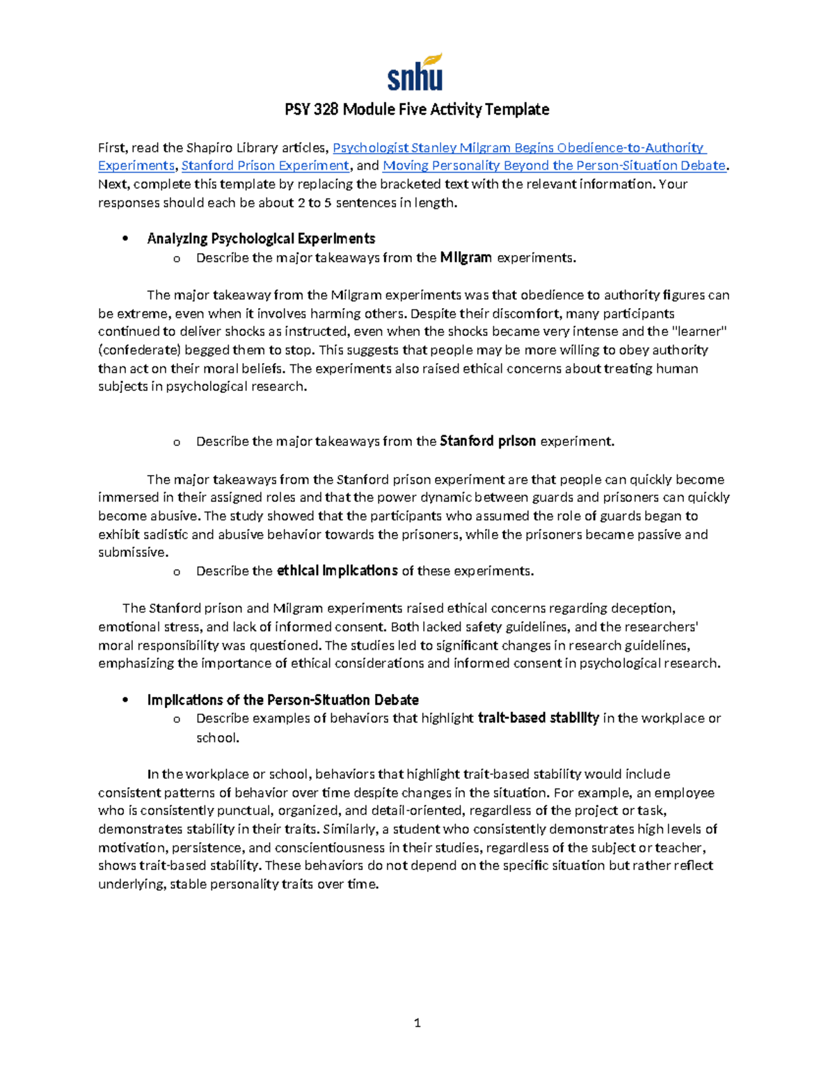 PSY 328 Module Five Activity Template - PSY 328 Module Five Activity Template First, read the ...