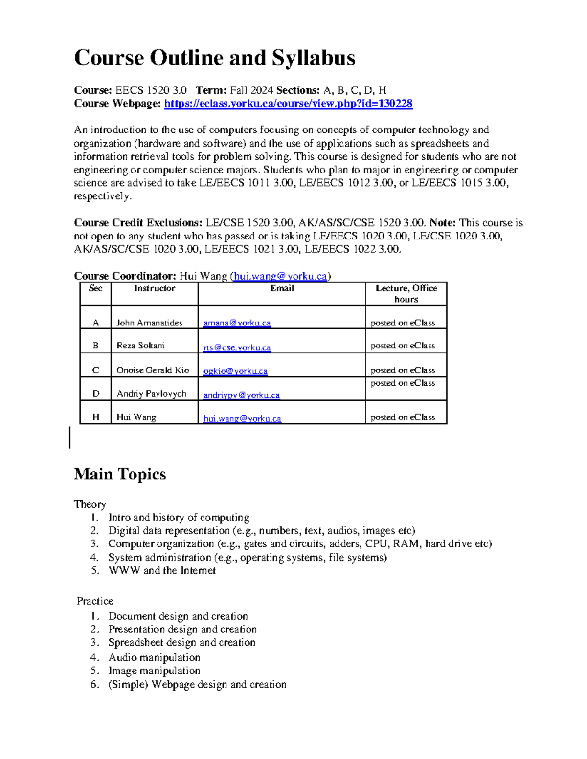 EECS 1520 F24 Course Outline and Syllabus-H - Course Outline and ...