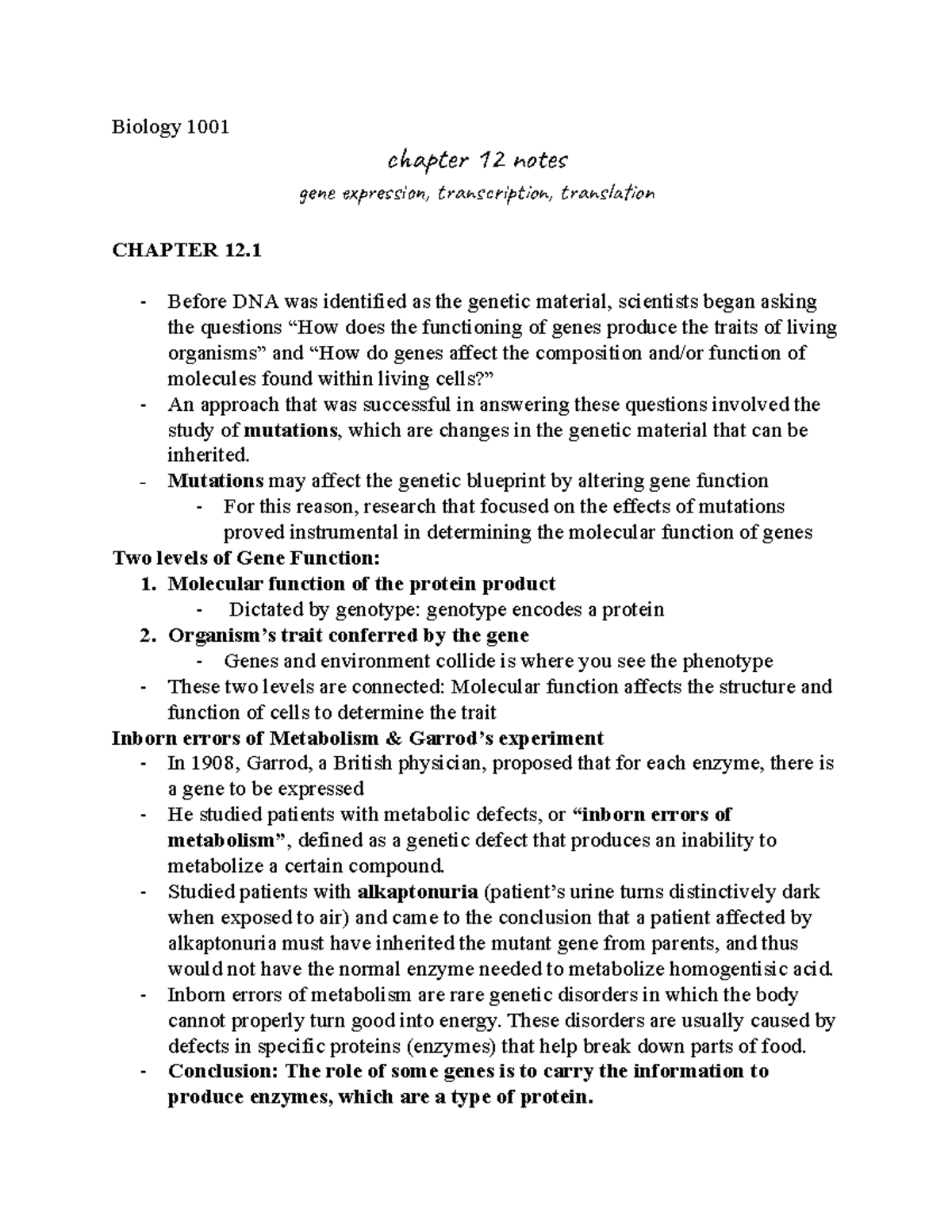Chapter 12 BIO 1001 Notes - Biology 1001 cat 12 no ge pes, taspo, tason ...