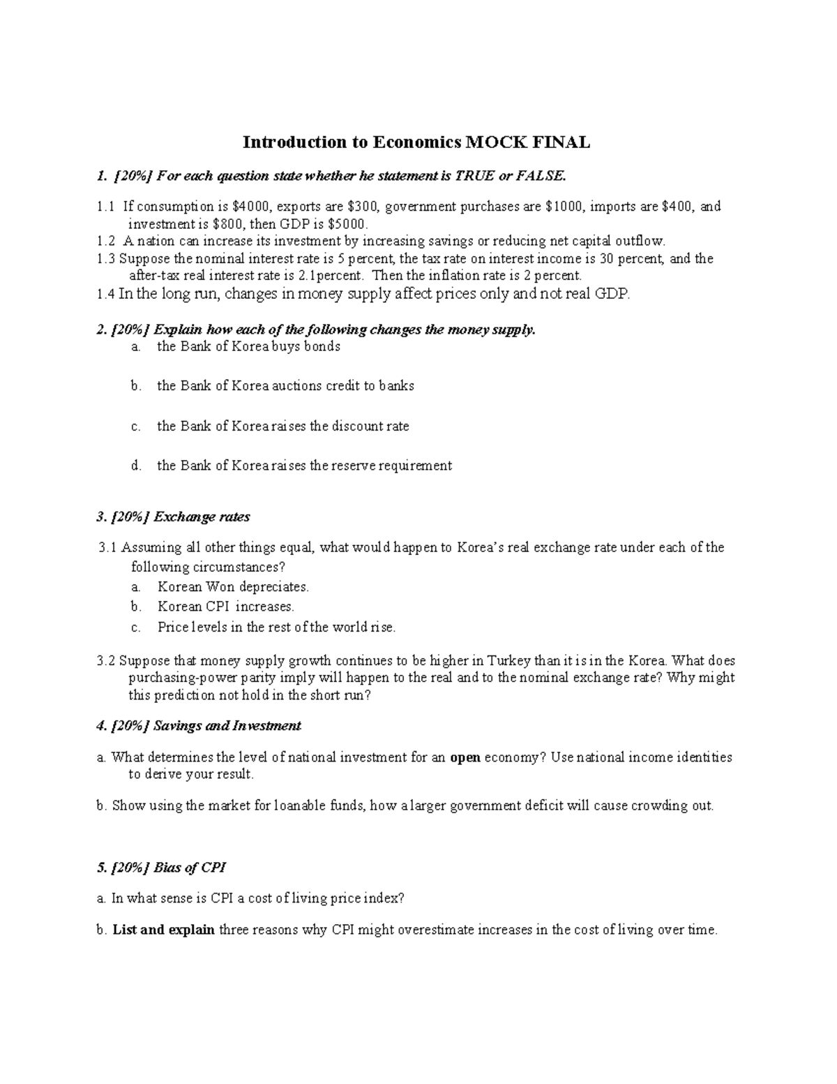 Intro Mock Finals 18 - econ - Introduction to Economics MOCK FINAL 1 ...