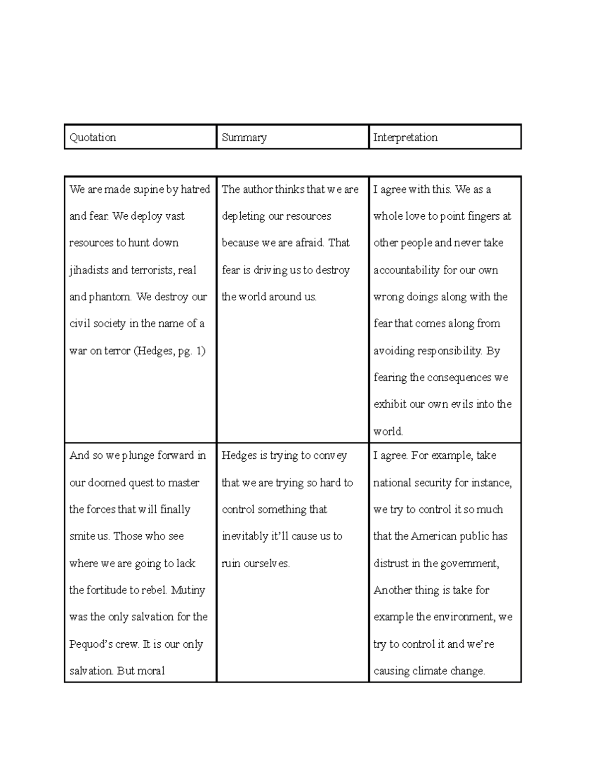 CRW111 Triple Entry Notes Survivor Chapters 1-3 - Quotation Summary ...