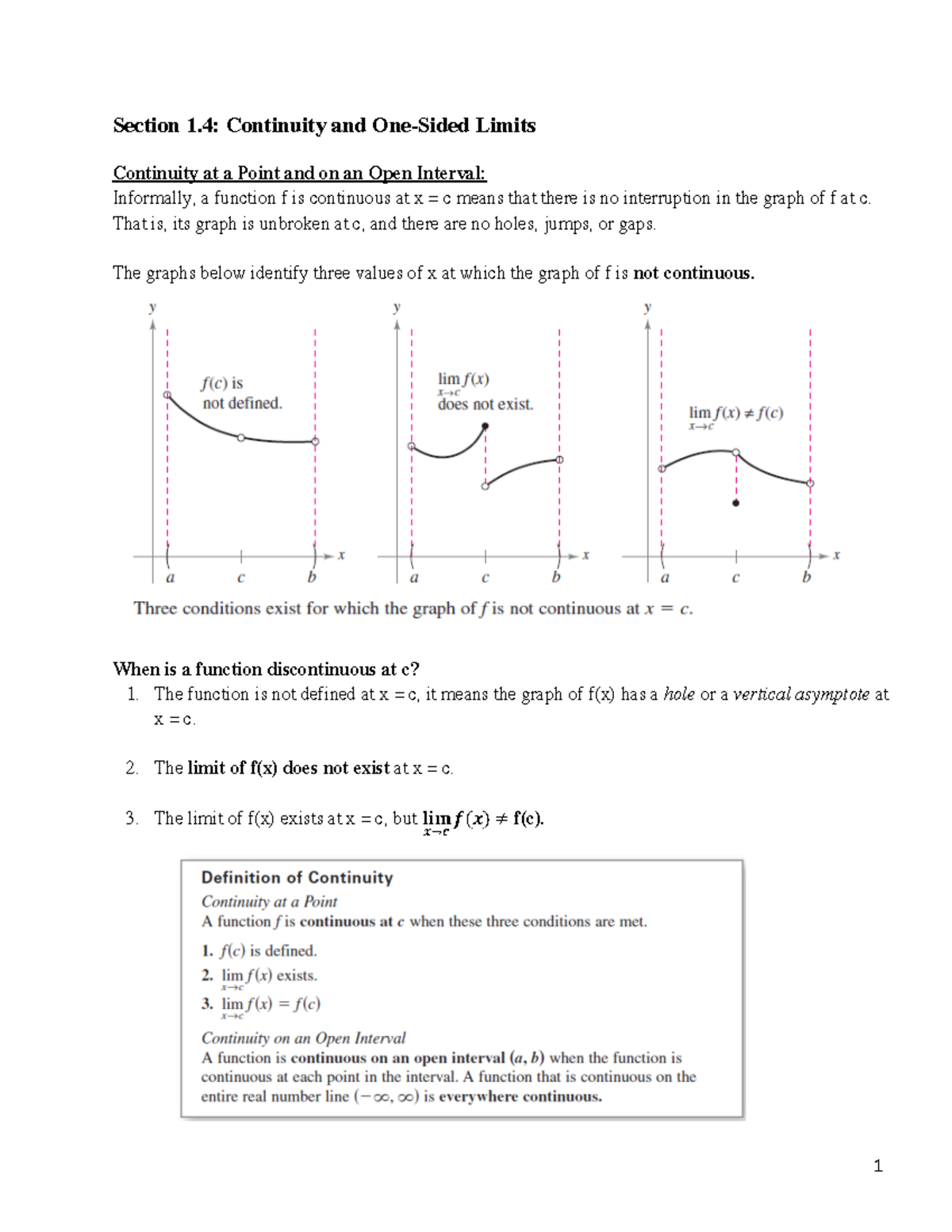 Section 1 - Notes - Section 1: Continuity and One-Sided Limits ...