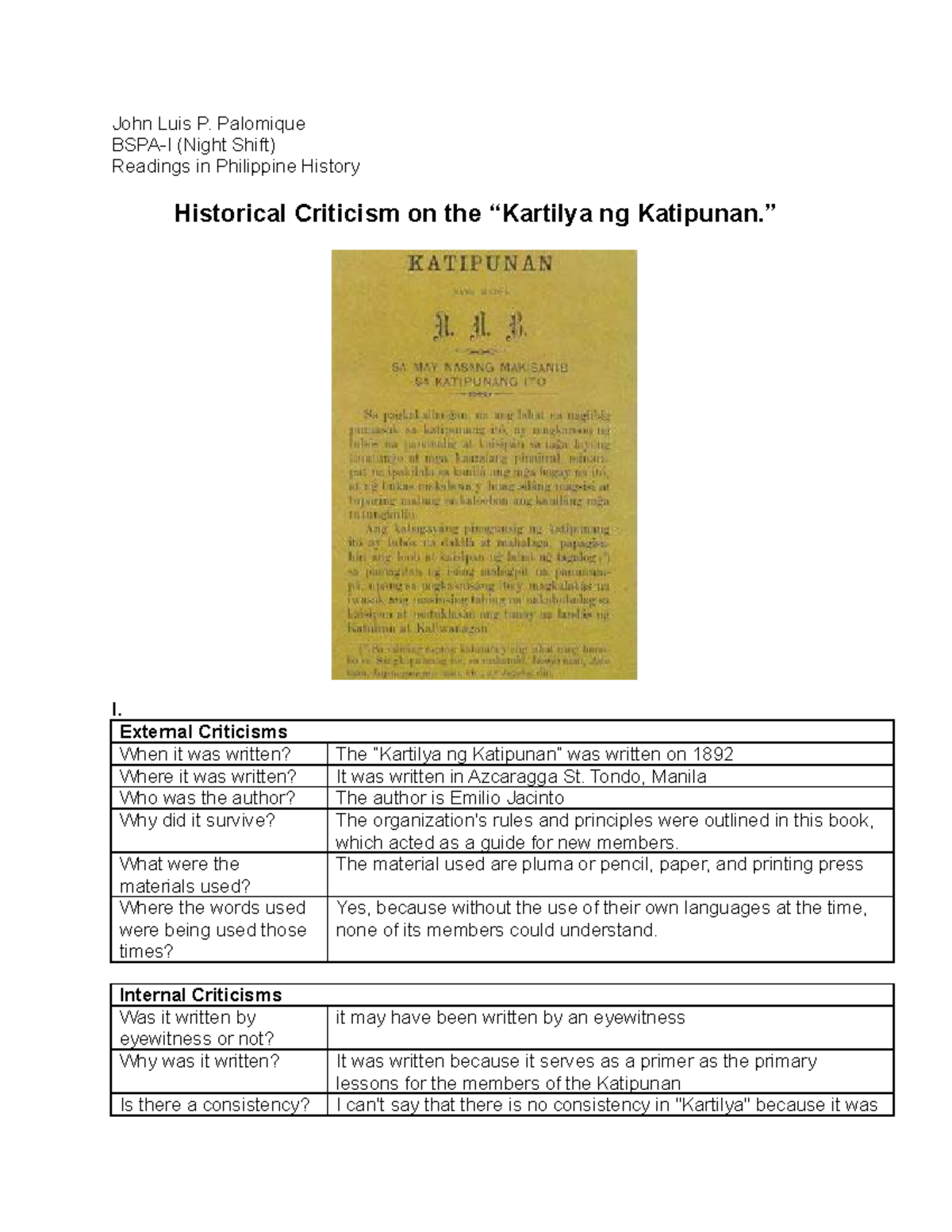 Historical Criticism on the Kartilya ng Katipunan - John Luis P. Palomique BSPA-I (Night Shift ...