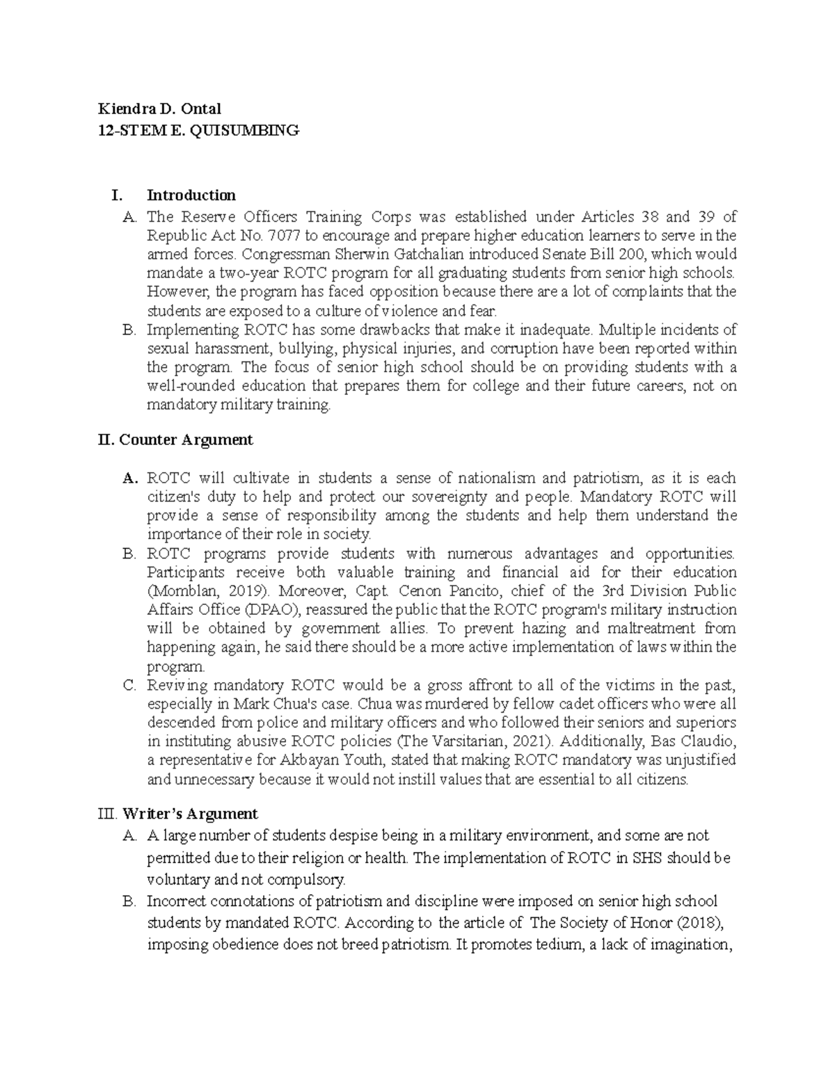 Eapp-position paper-outline - Kiendra D. Ontal 12-STEM E. QUISUMBING I. Introduction A. The ...