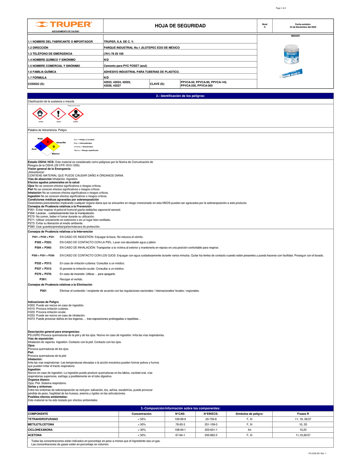 Hoja de Seguridad MSDS pegamento PVC - 1 NOMBRE COMERCIAL Y SINÓNIMO 1 ...