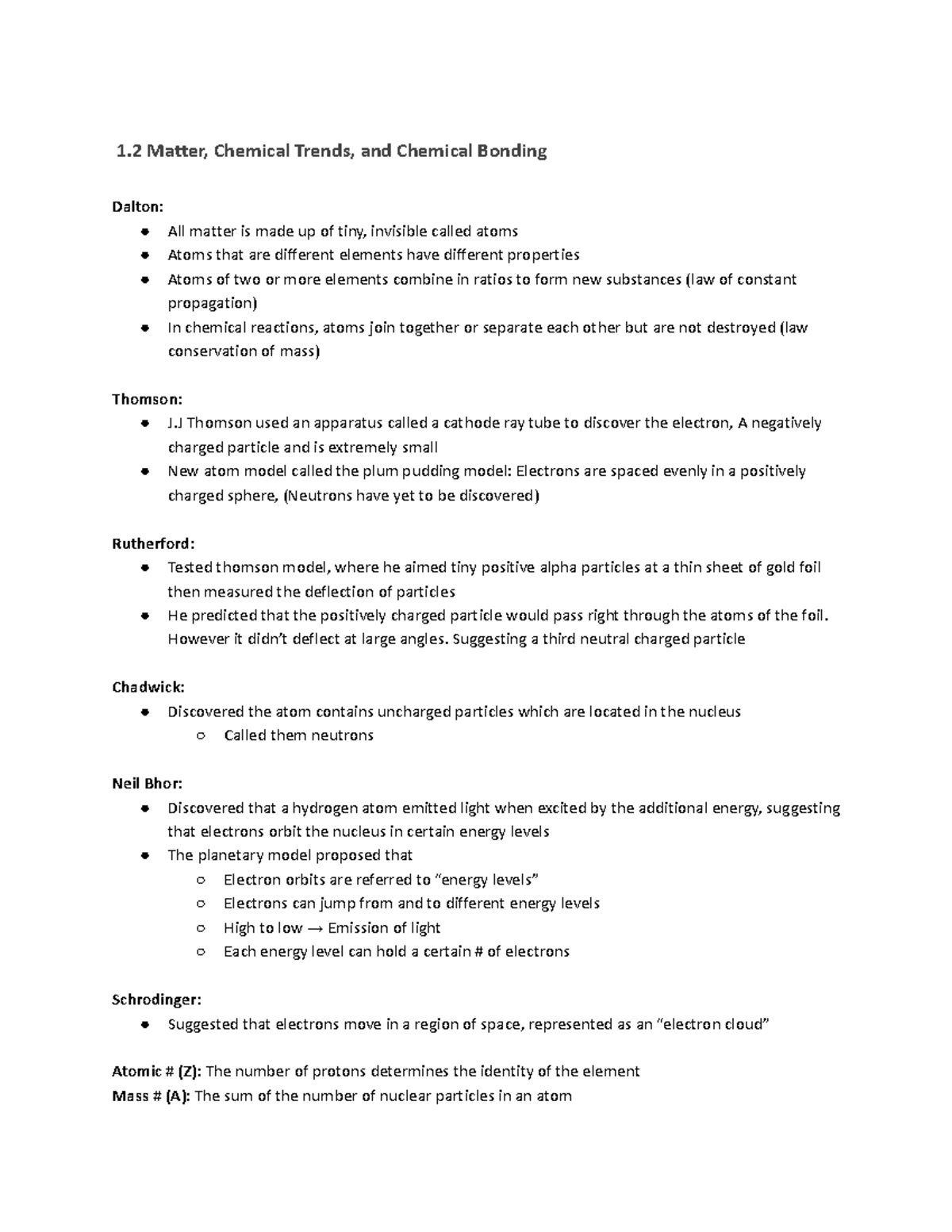 Chapter 1 Quiz Review - 1 Matter, Chemical Trends, and Chemical Bonding ...