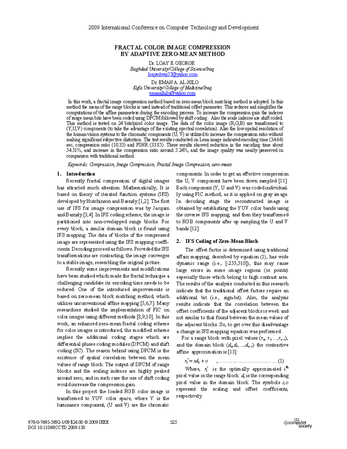 Fractal Color Image Compression By Adaptive Zero Mean Method Fractal