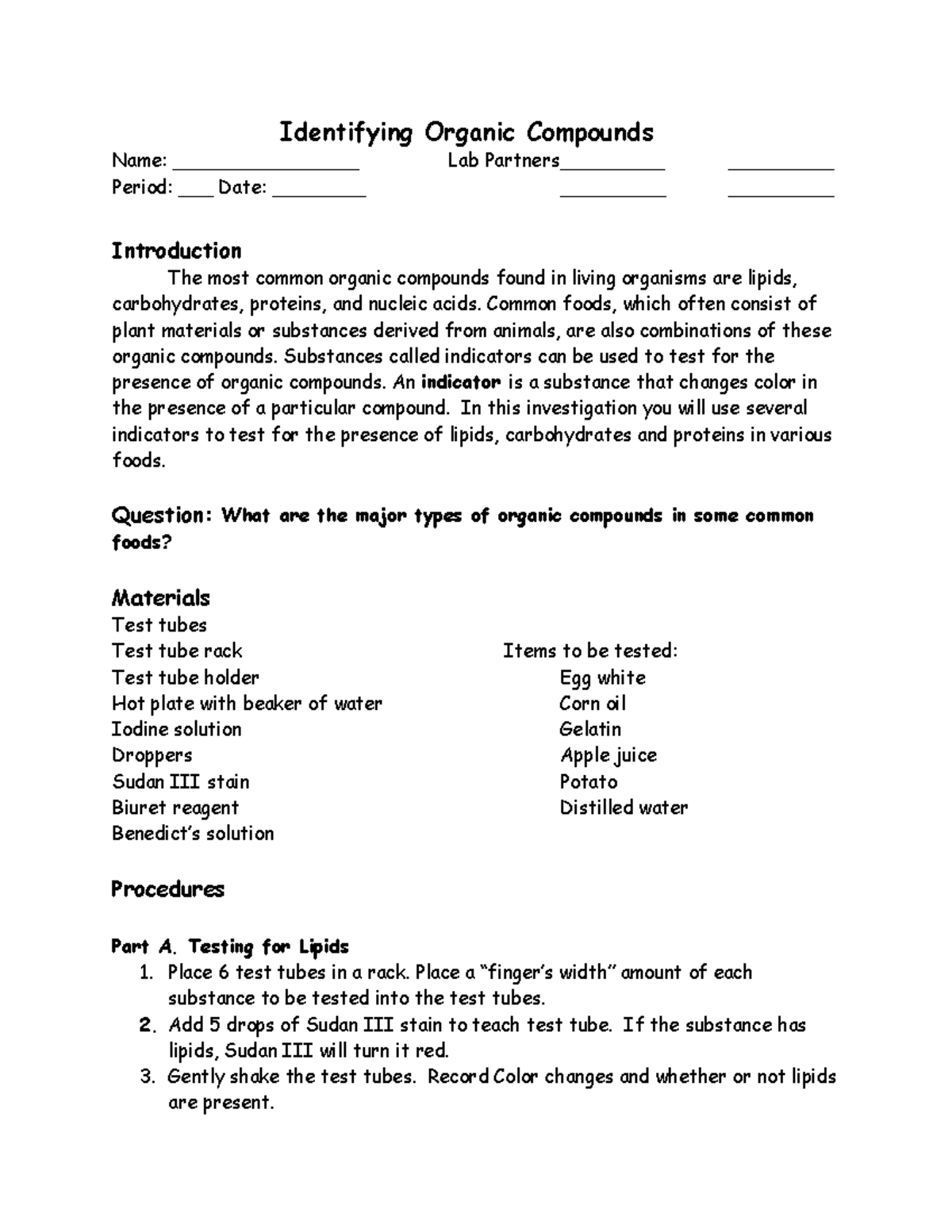 Lab -Organic Compounds - Identifying Organic Compounds Name ...
