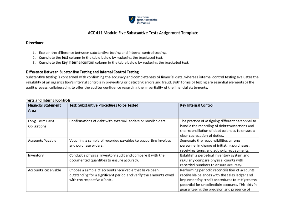 ACC 411 Module Five Substantive Tests Assignment Template - Explain the ...