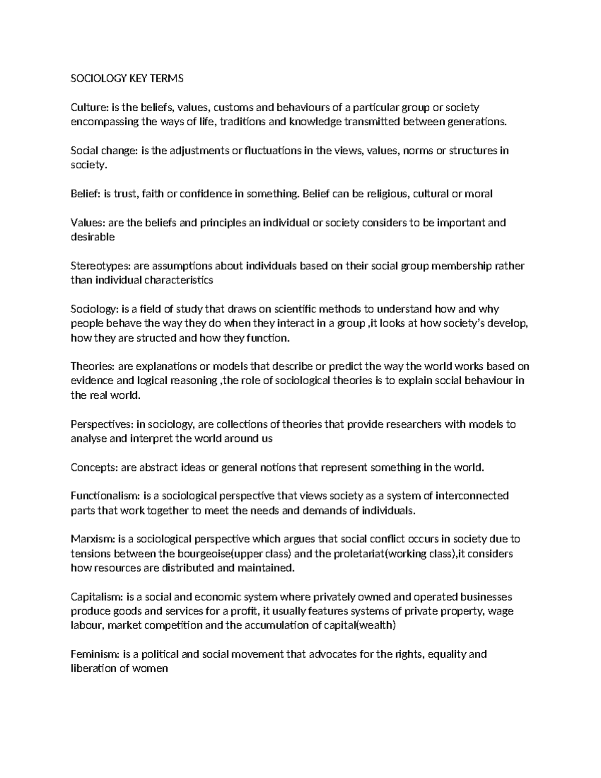 Sociology KEY Terms - 2 marker: state a definition (or whatever the ...