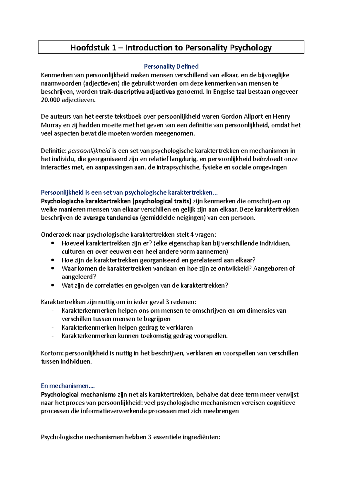 Hoofdstuk 1 en 2 Personality Psychology - Hoofdstuk 1 – Introduction to ...