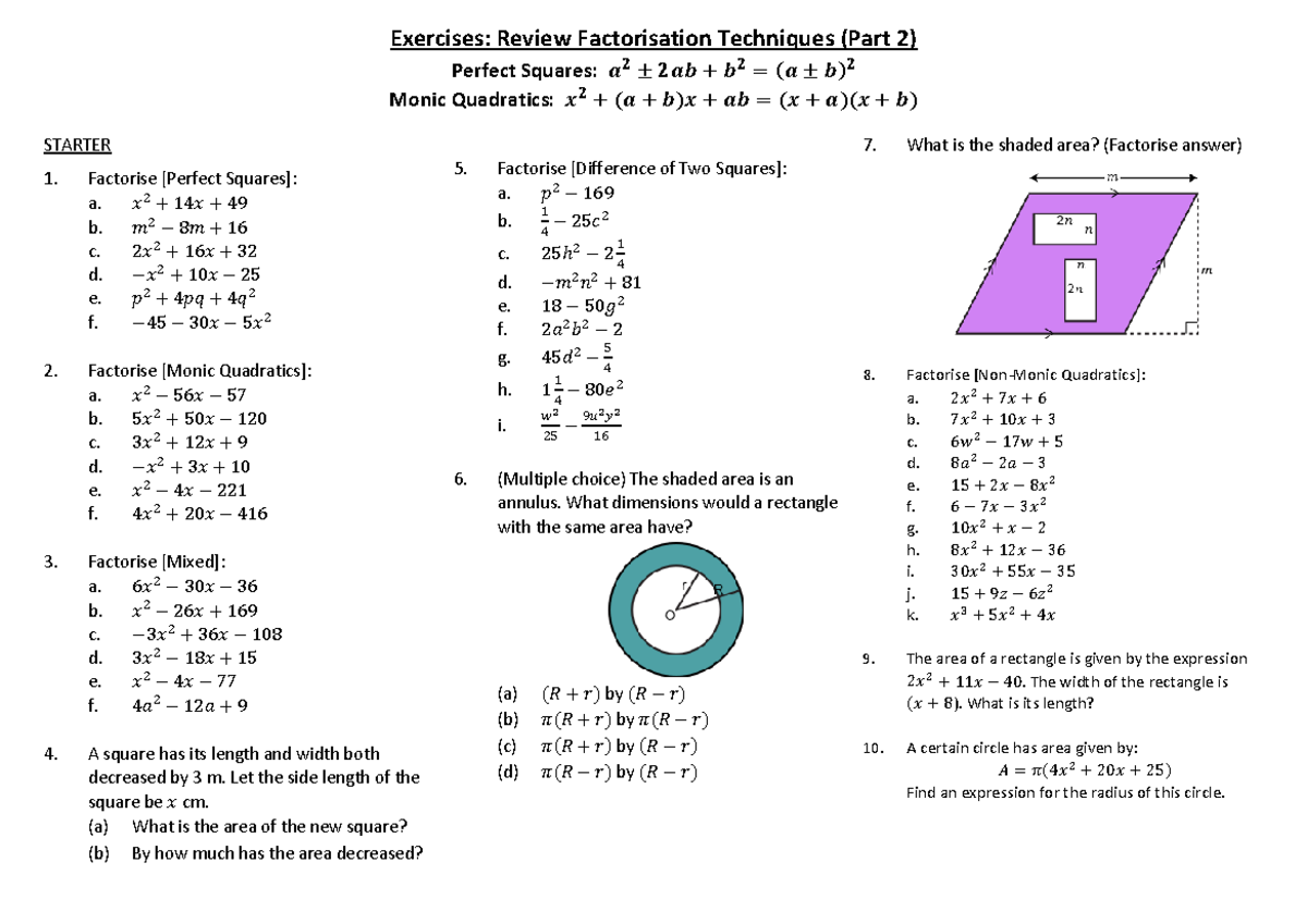 04 - Exercises - Further Factorisation Techniques - Exercises: Review ... 04 - Exercises - Further Factorisation Techniques - Exercises: Review ...