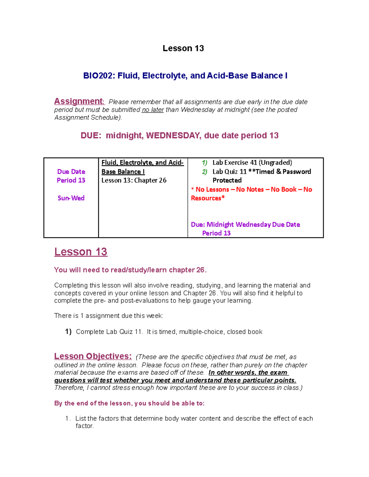 Fluid, Electrolyte, Acid-Base Balance - Lesson 13 BIO202: Fluid ...