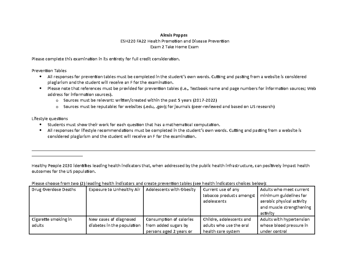 ESH220 FA22 Exam 2 (Take Home) - Alexis Pappas ESH220 FA22 Health ...