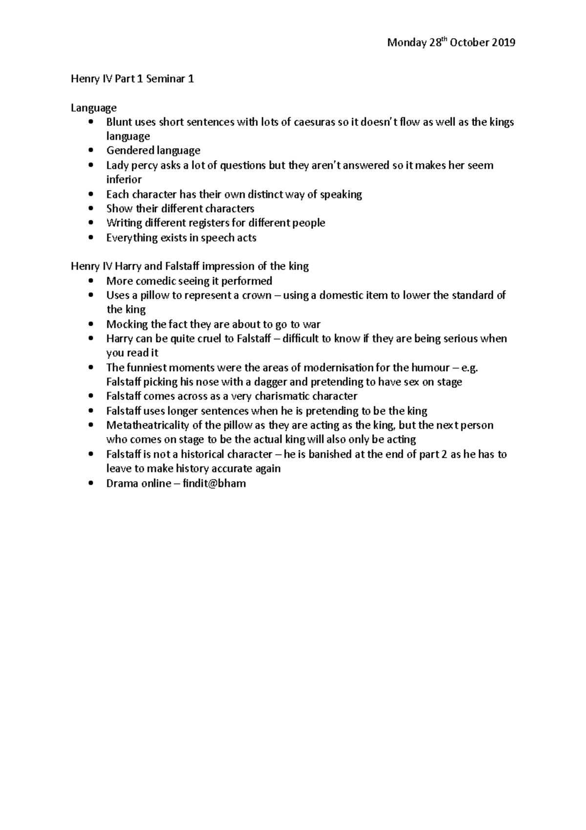 Henry IV Part 1 Seminar 1 - Monday 28th October 2019 Henry IV Part 1 ...