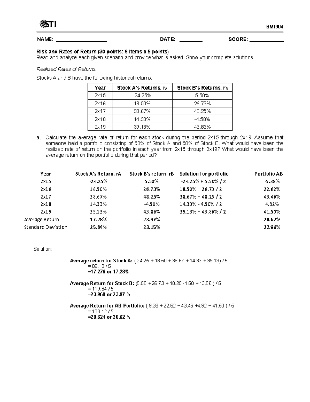 Financial TP Final Draft 1 - BM NAME: DATE: SCORE: Risk and Rates of ...