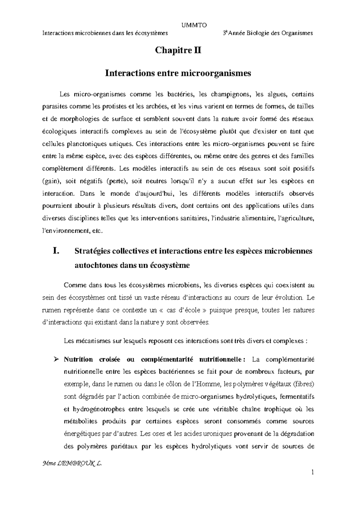 Chap. II BO - Interactions microbiennes dans les écosystèmes 3 èAnnée ...
