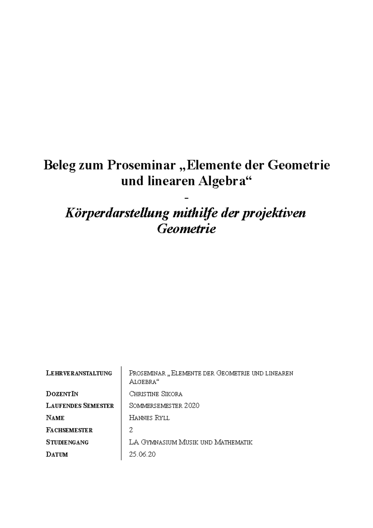 Vortrag Körperdarstellung mithilfe der projektiven Geometrie - Beleg ...