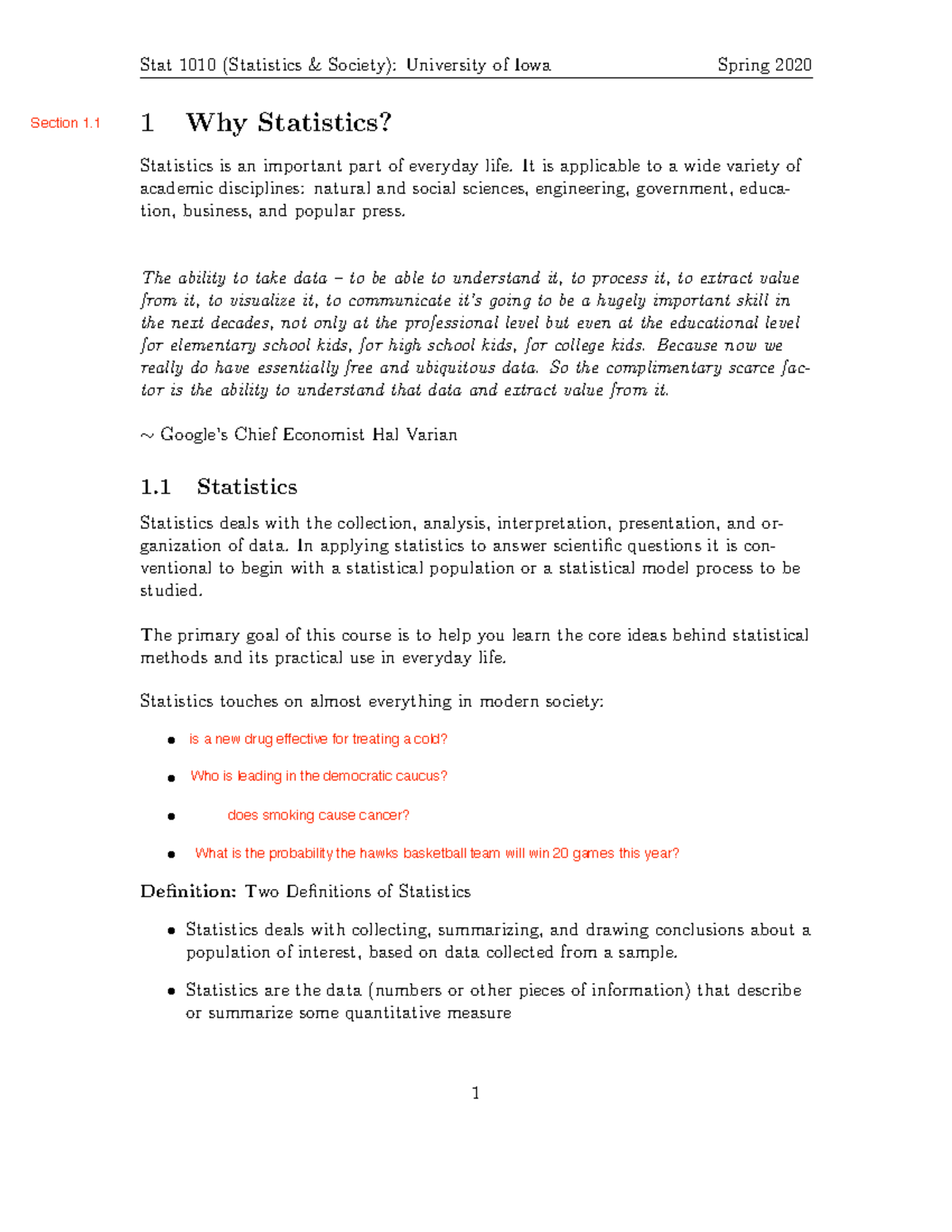 Notes 1 Spring 2020 - Professor Colin Lewis-Beck - 1 Why Statistics ...