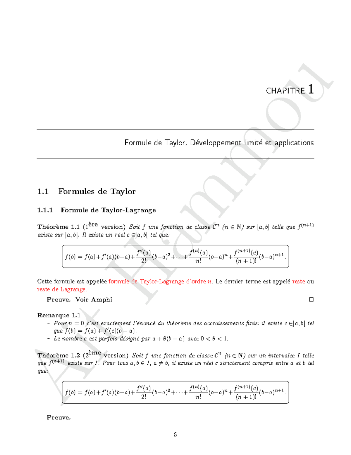 Analyse 2- Chapitre 1 - tykjytcgytttttt - Ait Hammou CHAPITRE 1 Formule de Taylor, D ...