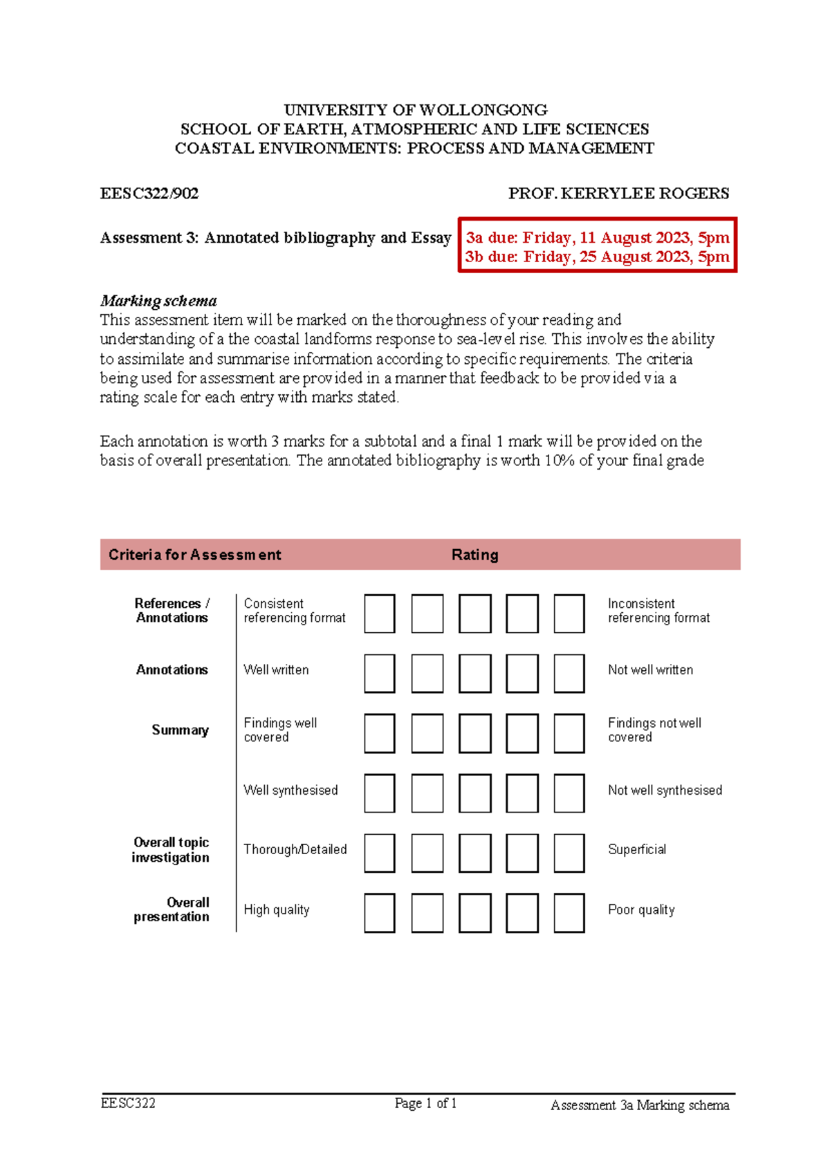 Assessment 3a Marking schema - EESC322 Page 1 of 1 Assessment 3 a ...