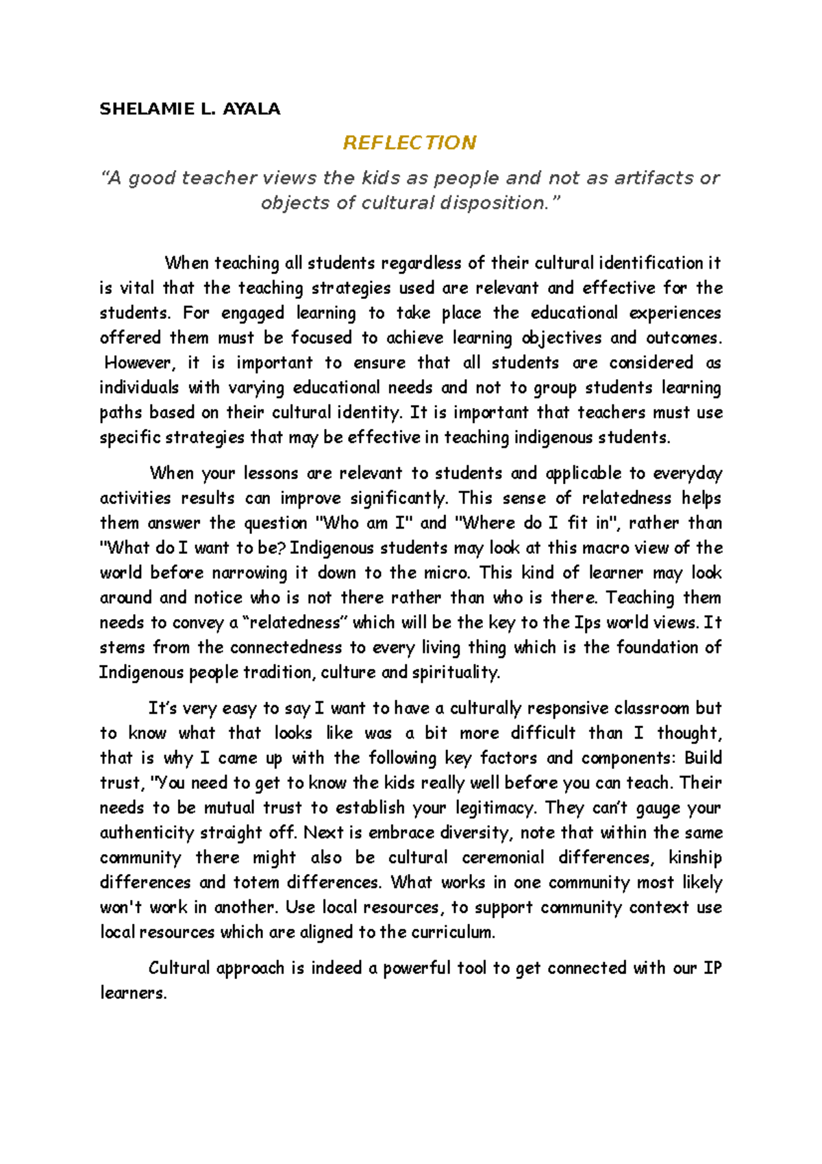 Reflection-Indicators-9 - SHELAMIE L. AYALA REFLECTION “A good teacher ...