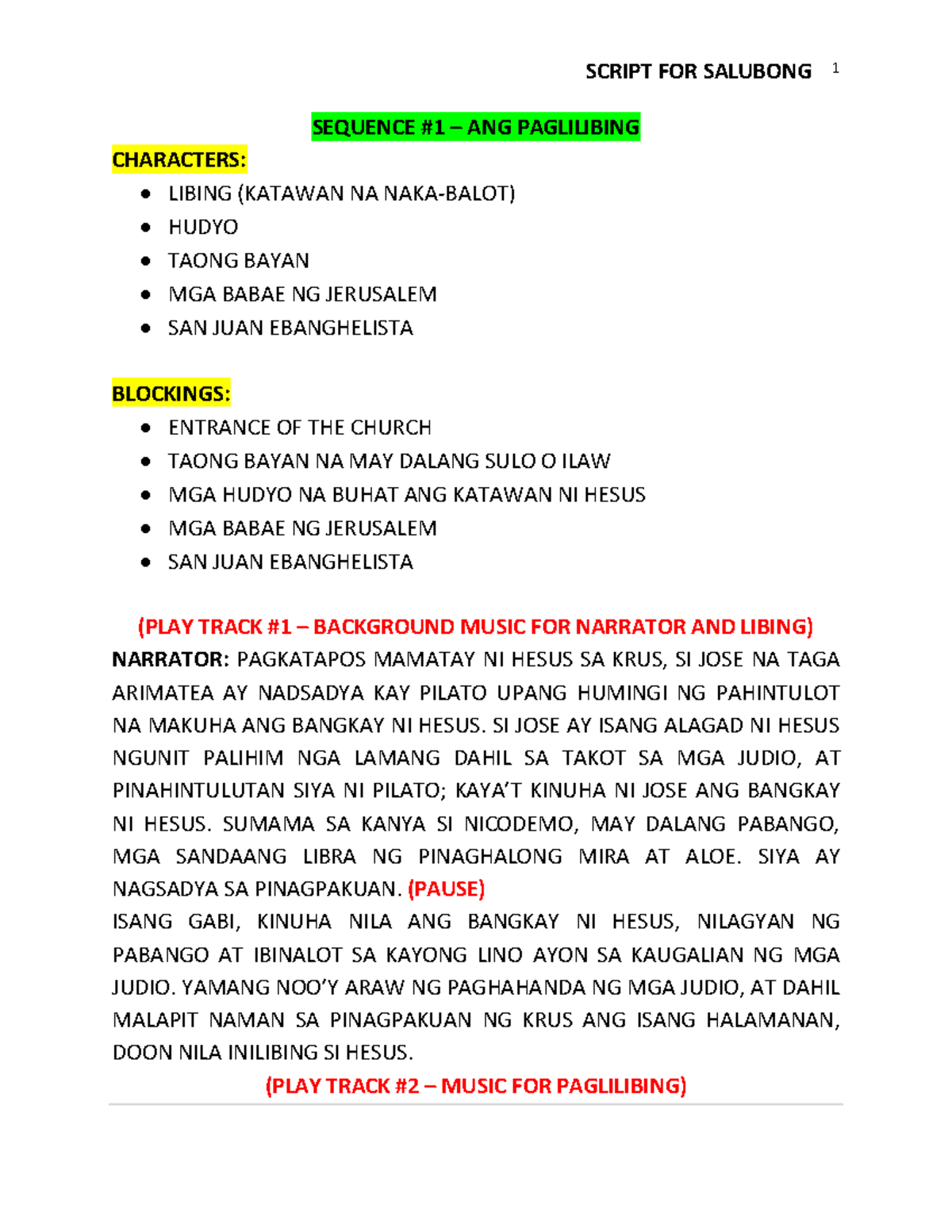 Script-salubong-2022 - SEQUENCE # 1 – ANG PAGLILIBING CHARACTERS ...