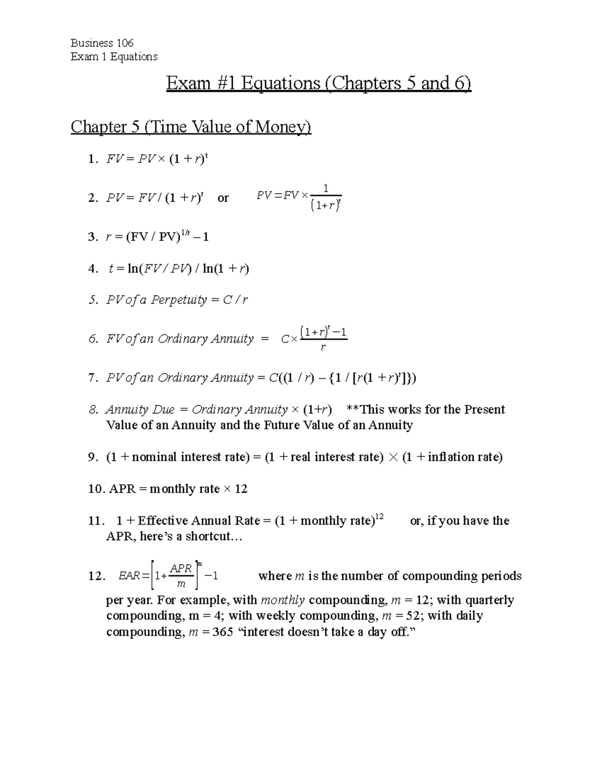 Business 106 Exam 1 Equation Sheet - Business 106Exam 1 Equations Exam ...