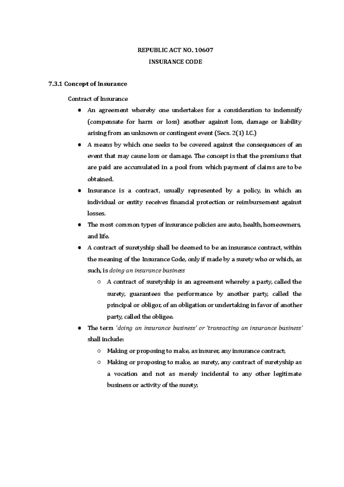 Notes-for-insurance-code compress - REPUBLIC ACT NO. 10607 INSURANCE ...