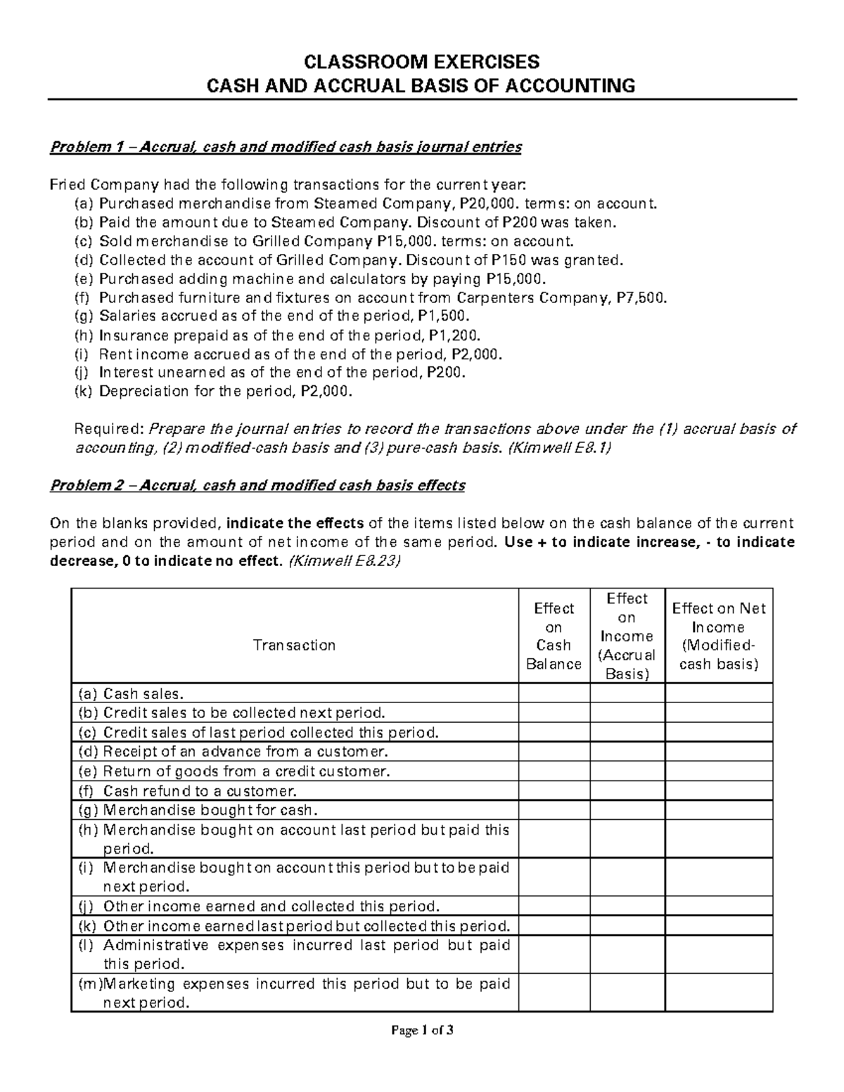 Classroom Exercises on Cash and Accrual Accounting - Page 1 of 3 ...