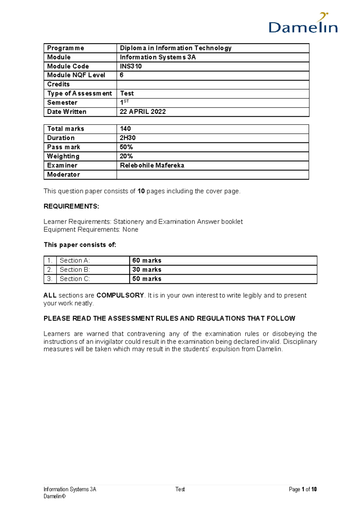 Information Systems 3A (test) 2022 - Information Systems 3A Test Page 1 ...