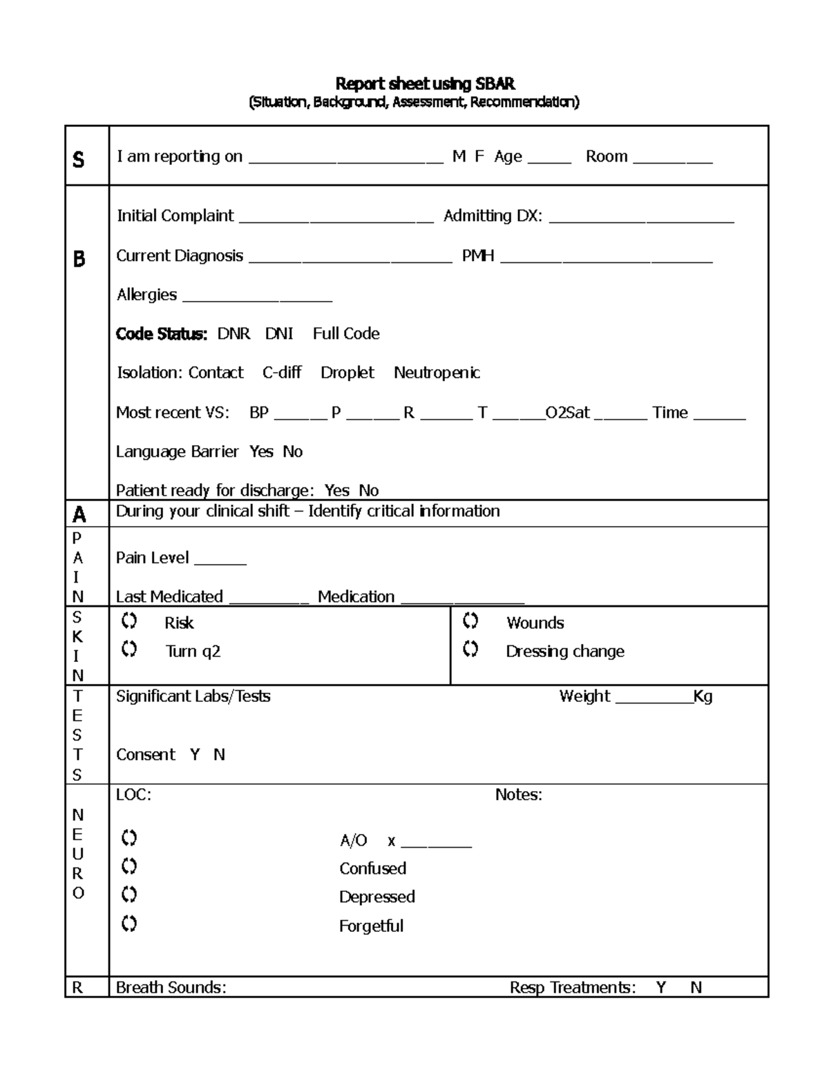 SBAR report sheet - note - Report sheet using SBAR (Situation ...