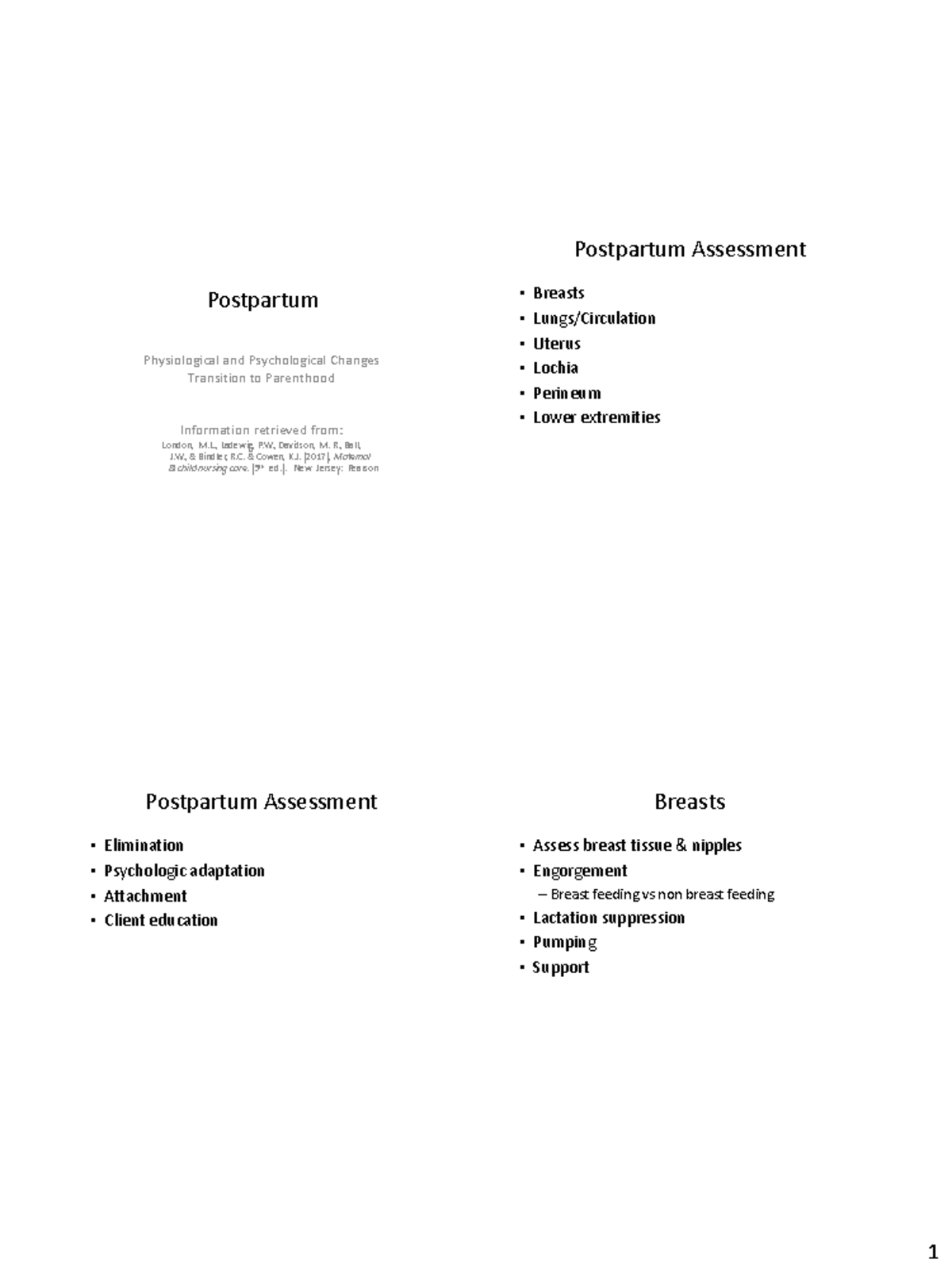 Postpartum - Lecture notes week 11 - Postpartum Assessment Postpartum ...