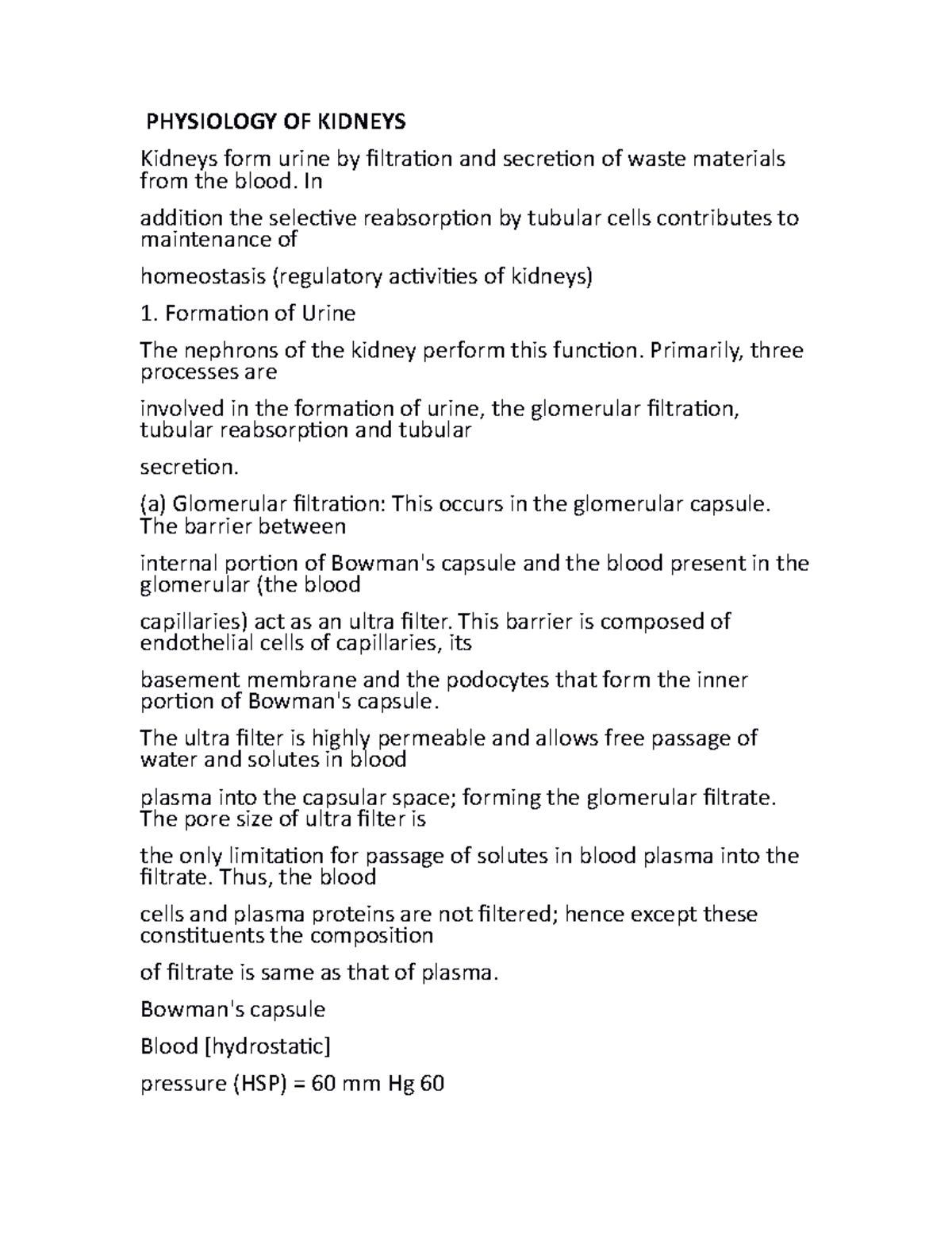 Physiology OF Kidneys notes - PHYSIOLOGY OF KIDNEYS Kidneys form urine ...