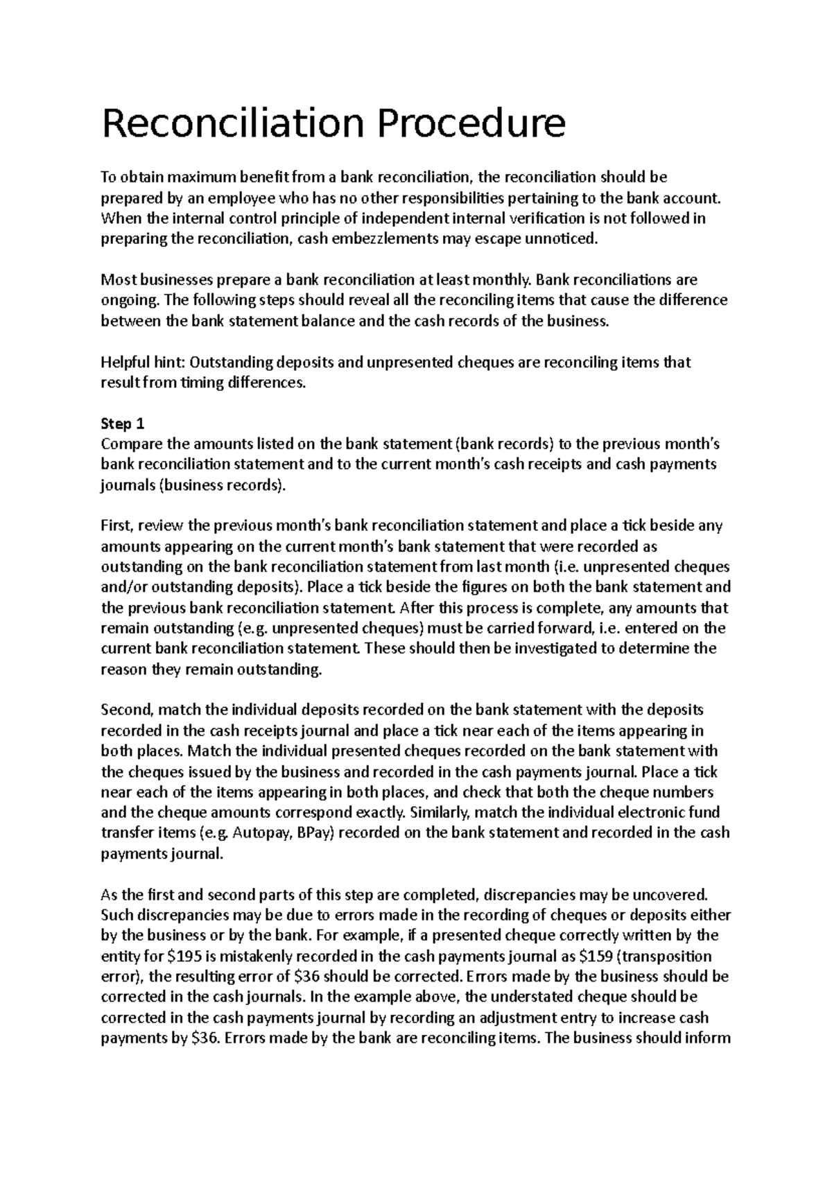 Reconciliation Procedure - When the internal control principle of ...