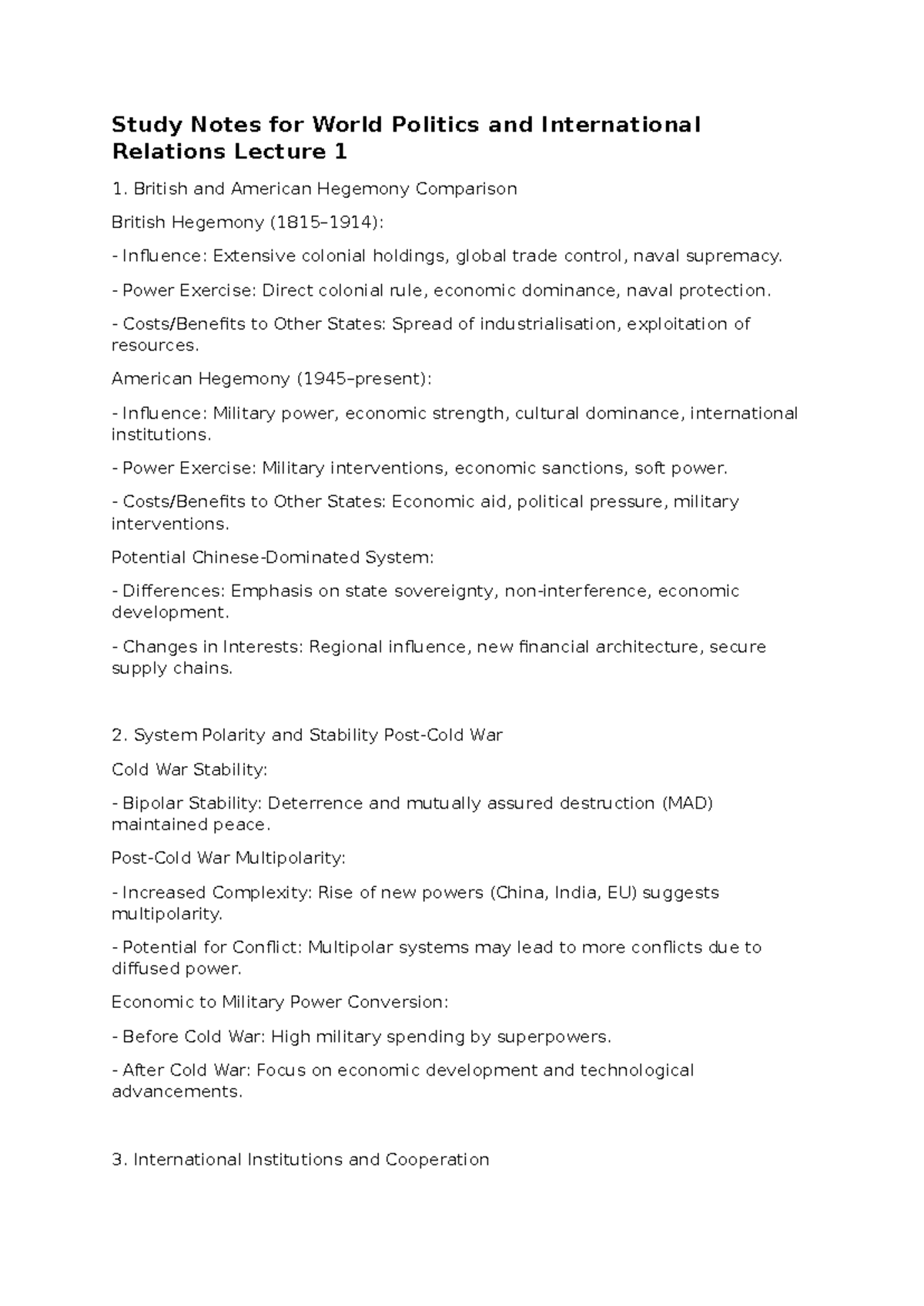 POLS WK1 Content - Study Notes for World Politics and International ...