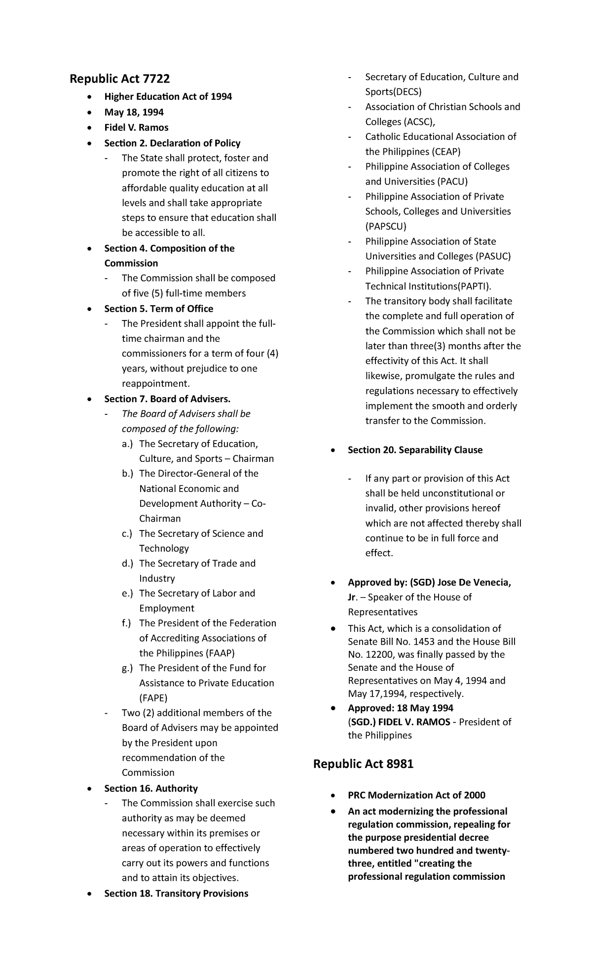 Republic ACTS - mt laws - Republic Act 7722 • Higher Educa-on Act of ...