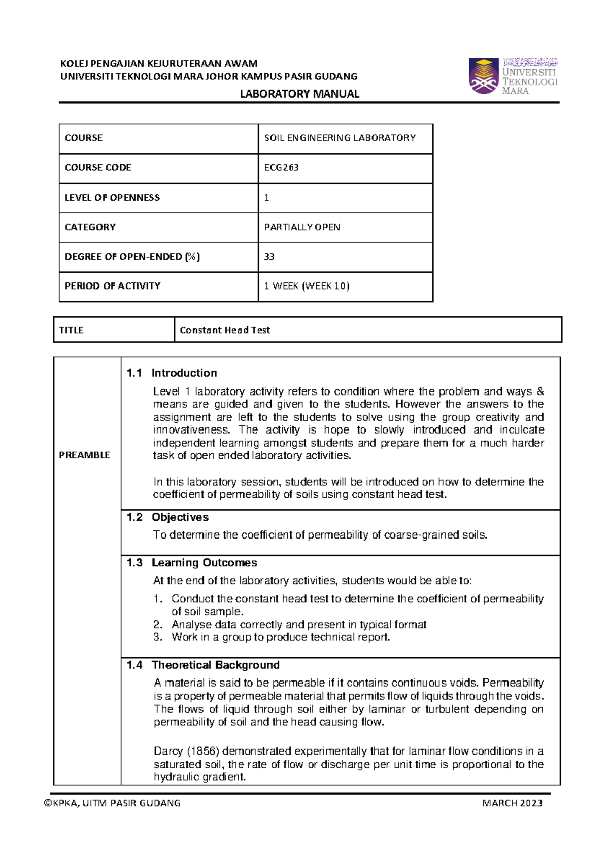 WK10- LAB 8 9 - Constant HEAD (Level 1) Falling HEAD (Level 1 ...