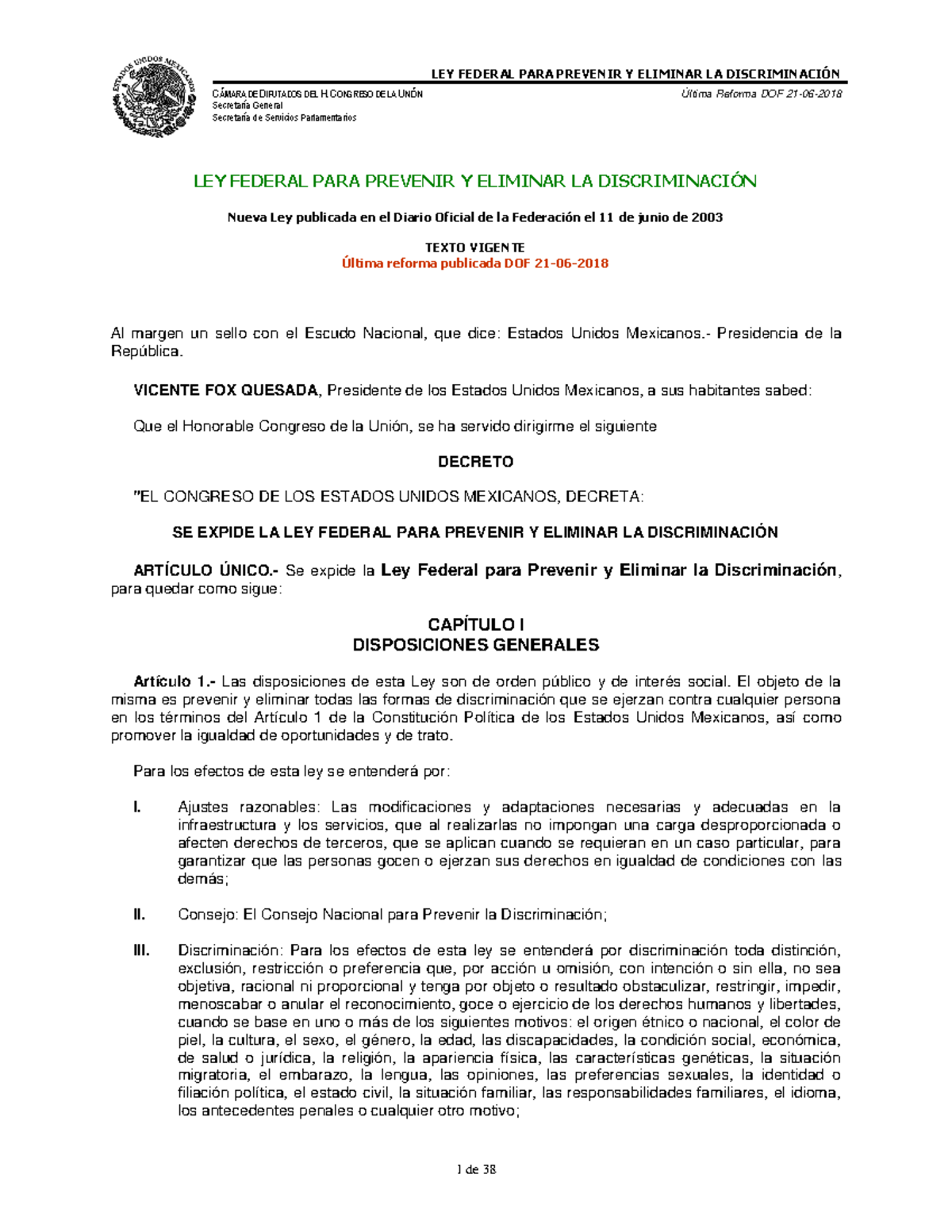 Ley federalpara prevenir discriniación - C¡MARA DE DIPUTADOS DEL H. CONGRESO DE LA UNI”N ...