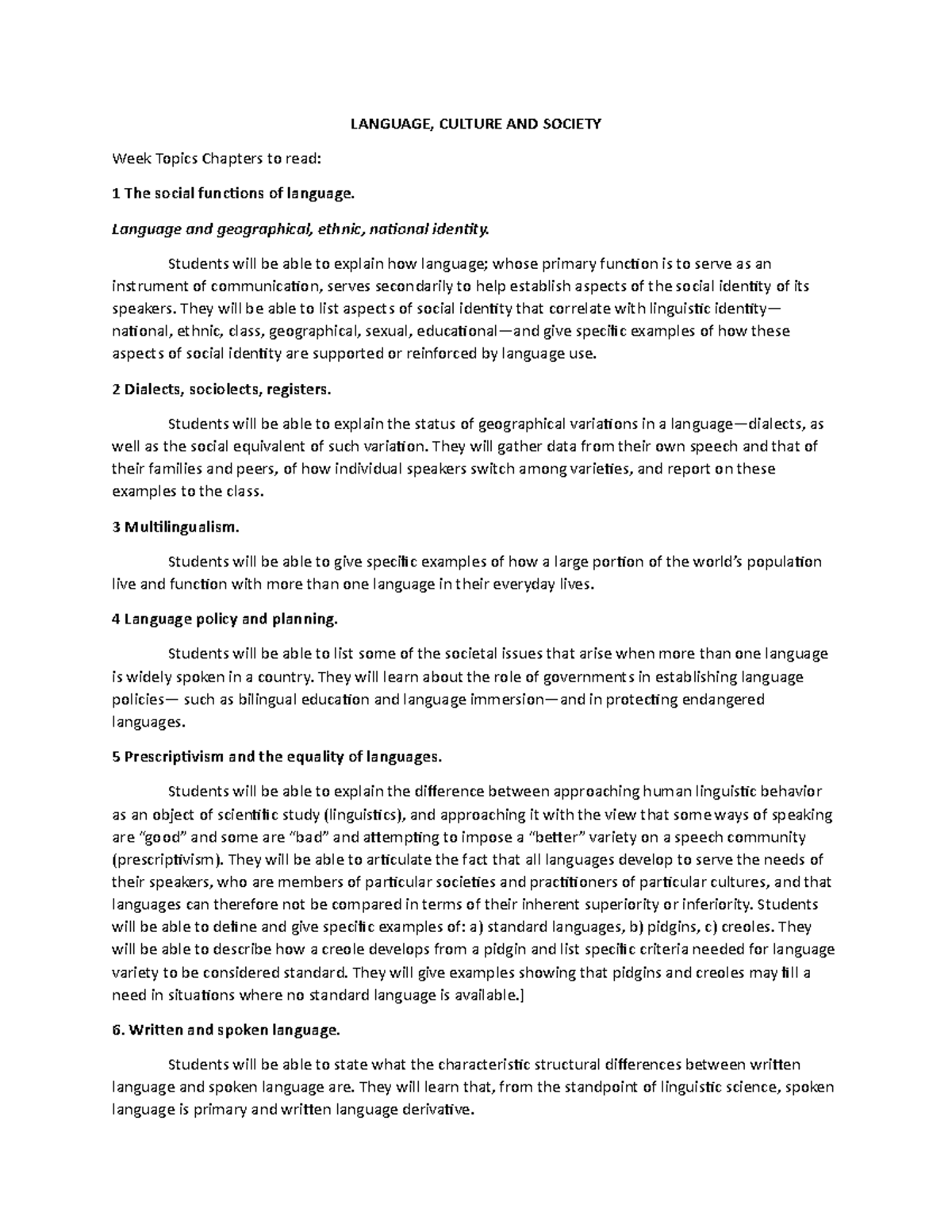 Language - reference only - LANGUAGE, CULTURE AND SOCIETY Week Topics ...