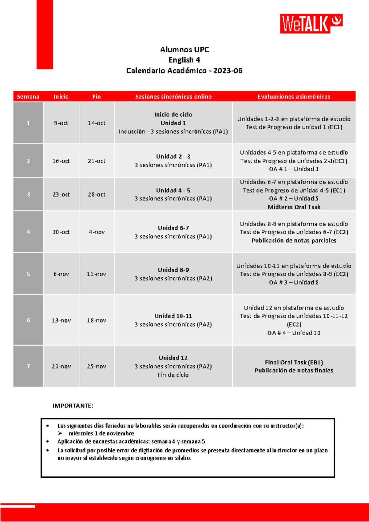 I4 Calendario Alumnos UPC 2023-06 - Alumnos UPC English 4 Calendario ...