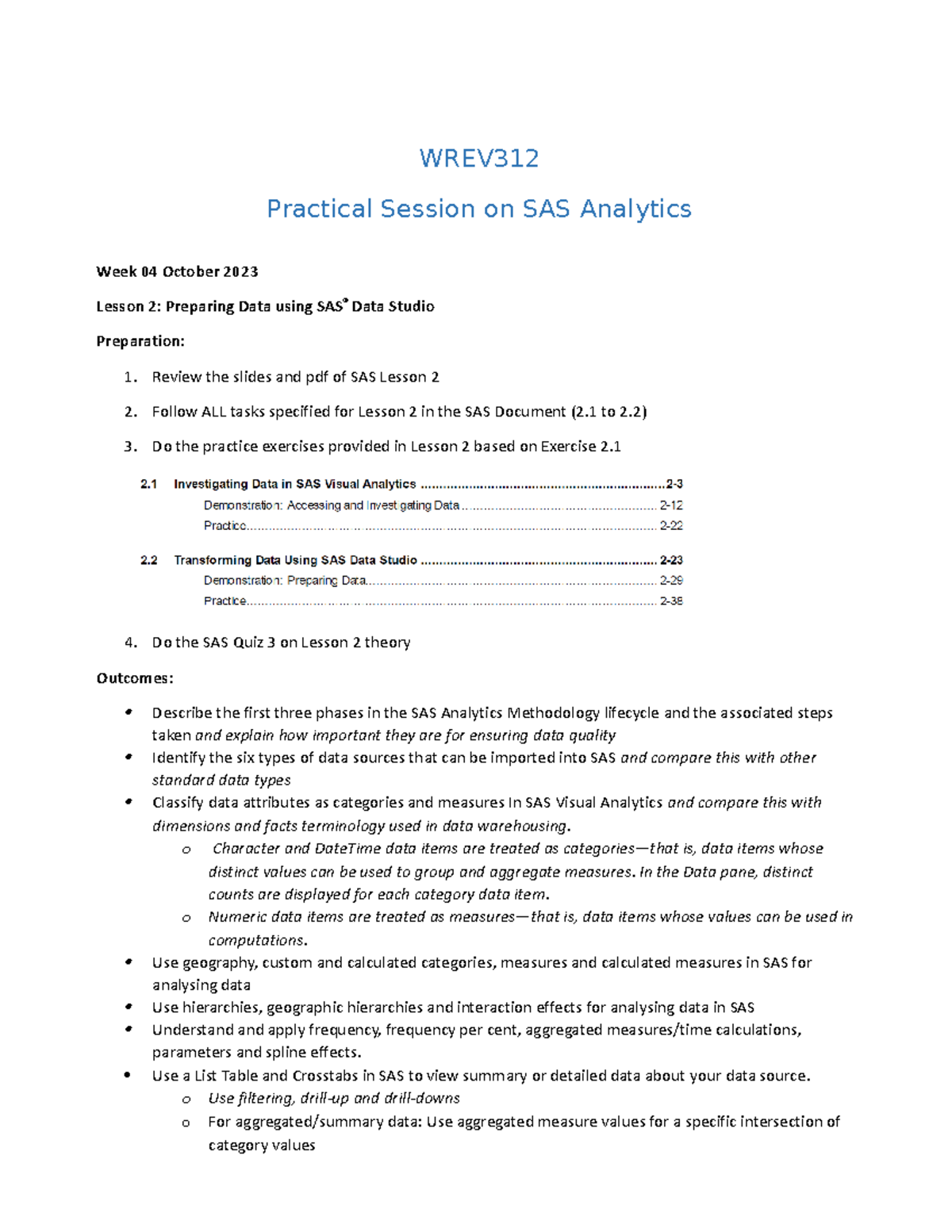 WREV312 Prac 5 Exercise SAS Lesson 2-1 Task Updated - WREV Practical Session on SAS Analytics ...