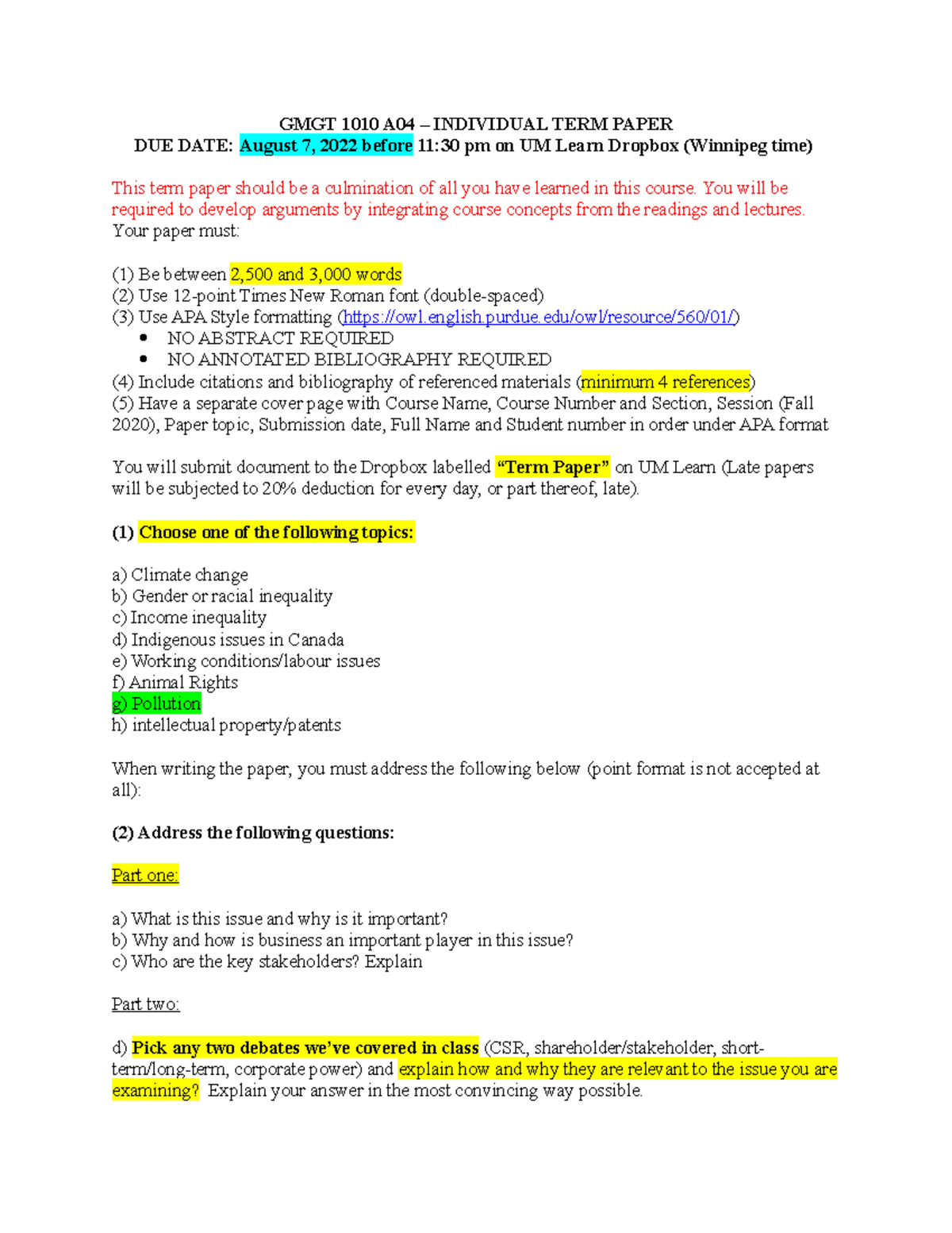 Individual term paper - GMGT 1010 A04 – INDIVIDUAL TERM PAPER DUE DATE ...