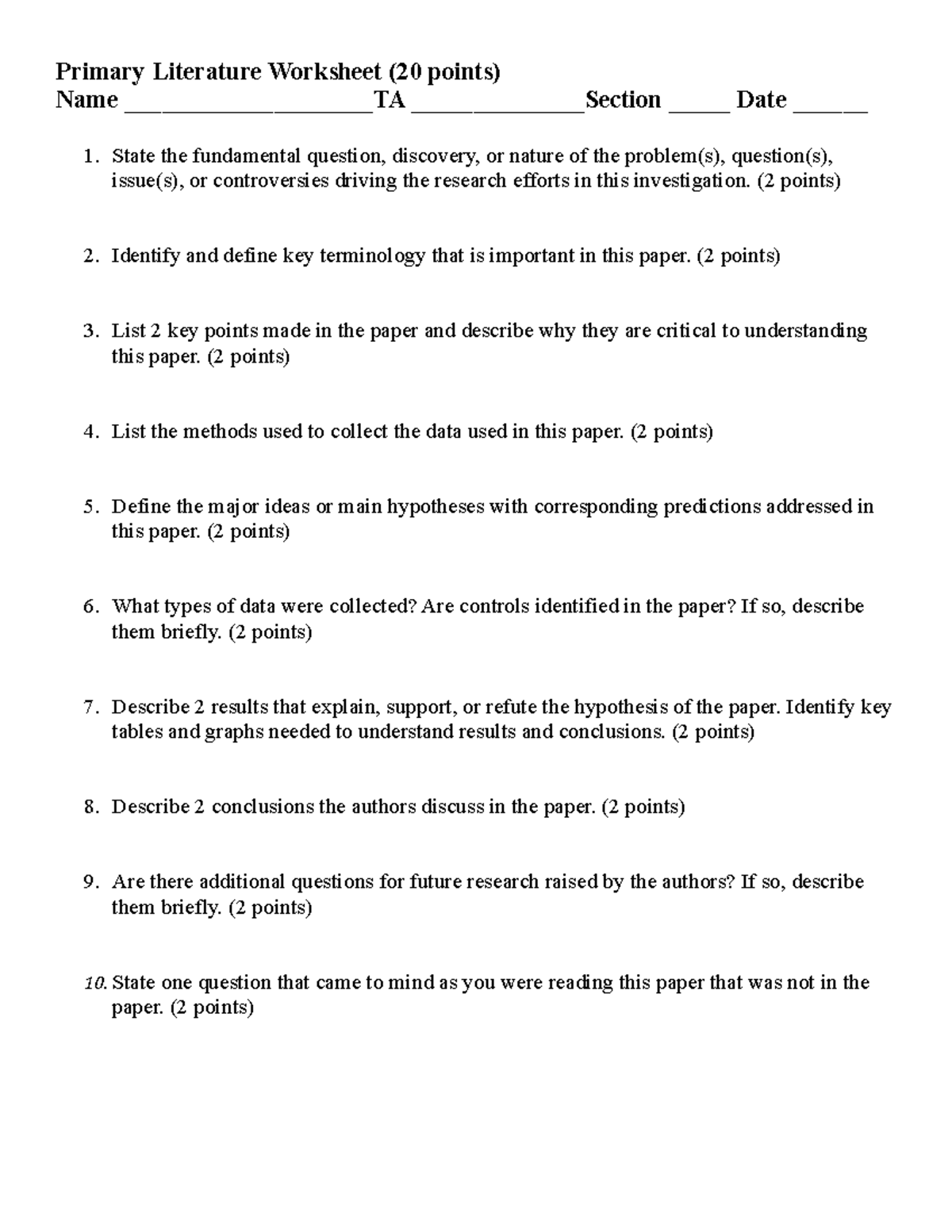Primary Literature Worksheet (20) - State the fundamental question ...