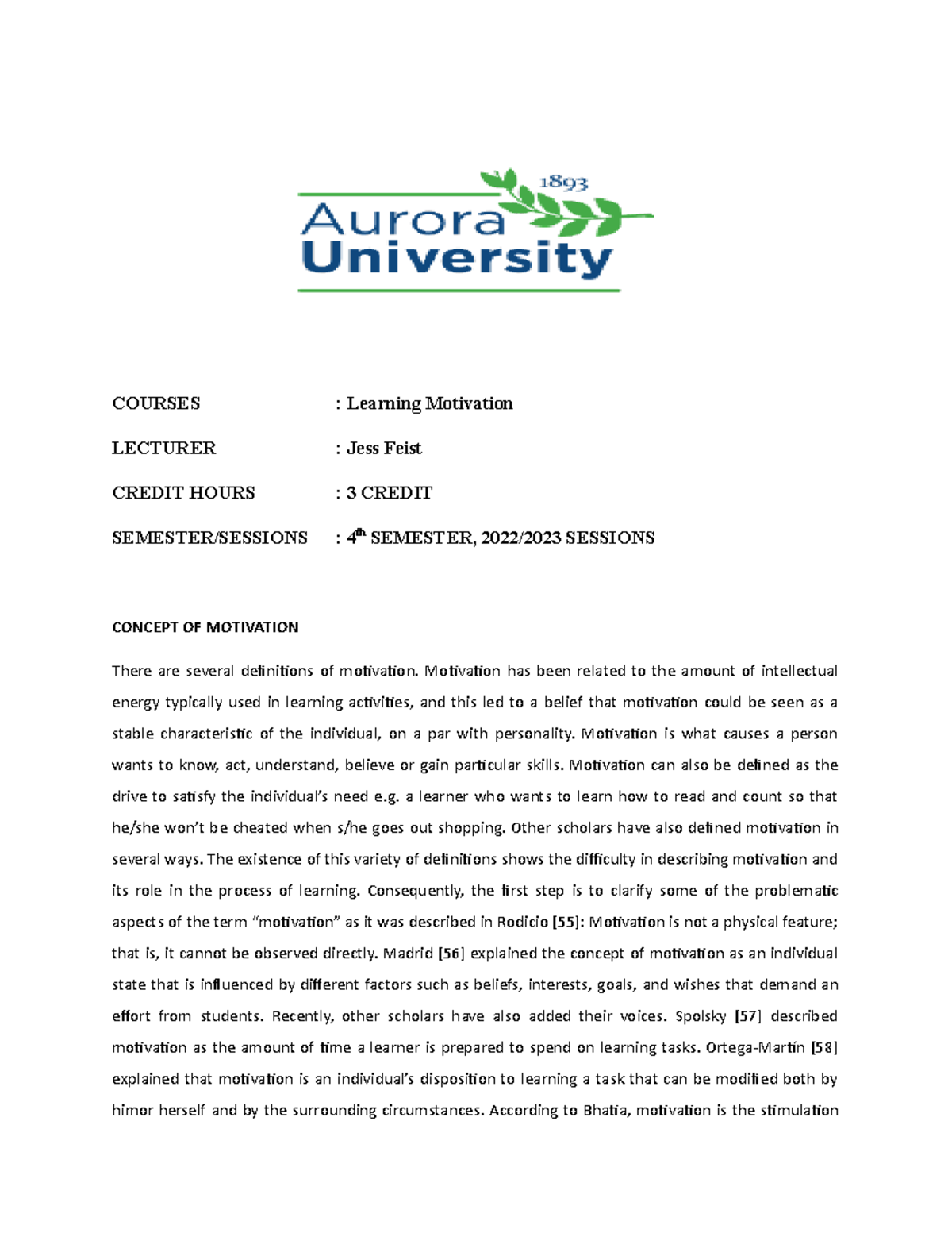 Concept OF Motivation - COURSES : Learning Motivation LECTURER : Jess ...