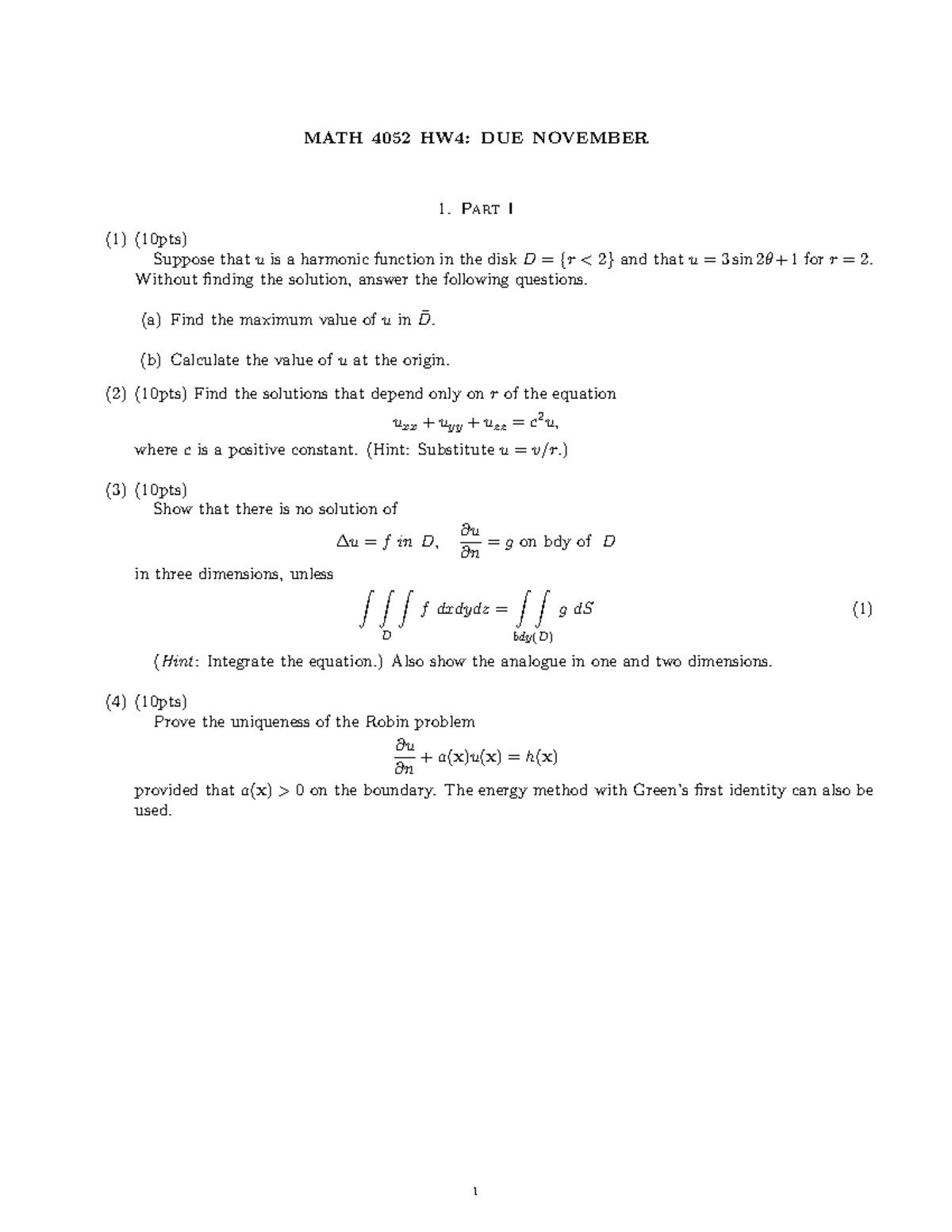 Math4052 Hw4 - Strauss book - MATH 4052 HW4: DUE NOVEMBER Part I (1 ...