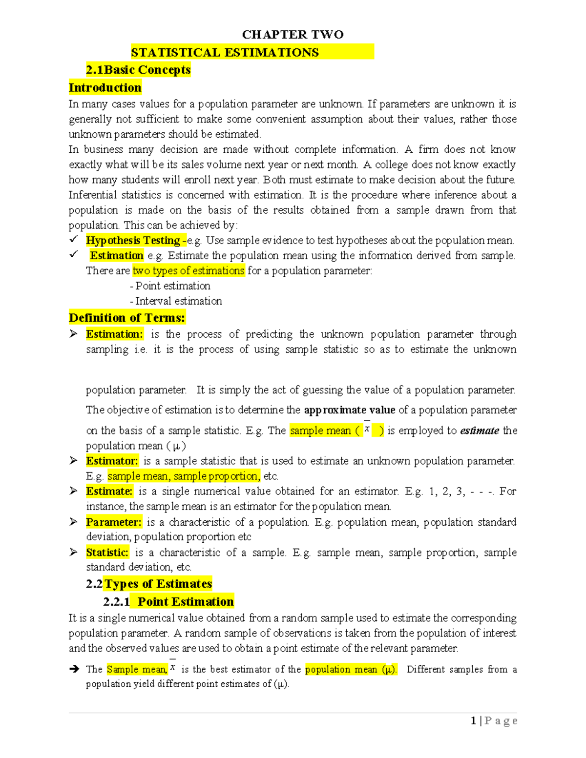 CH II Estimation - Contains many example - CHAPTER TWO STATISTICAL ...