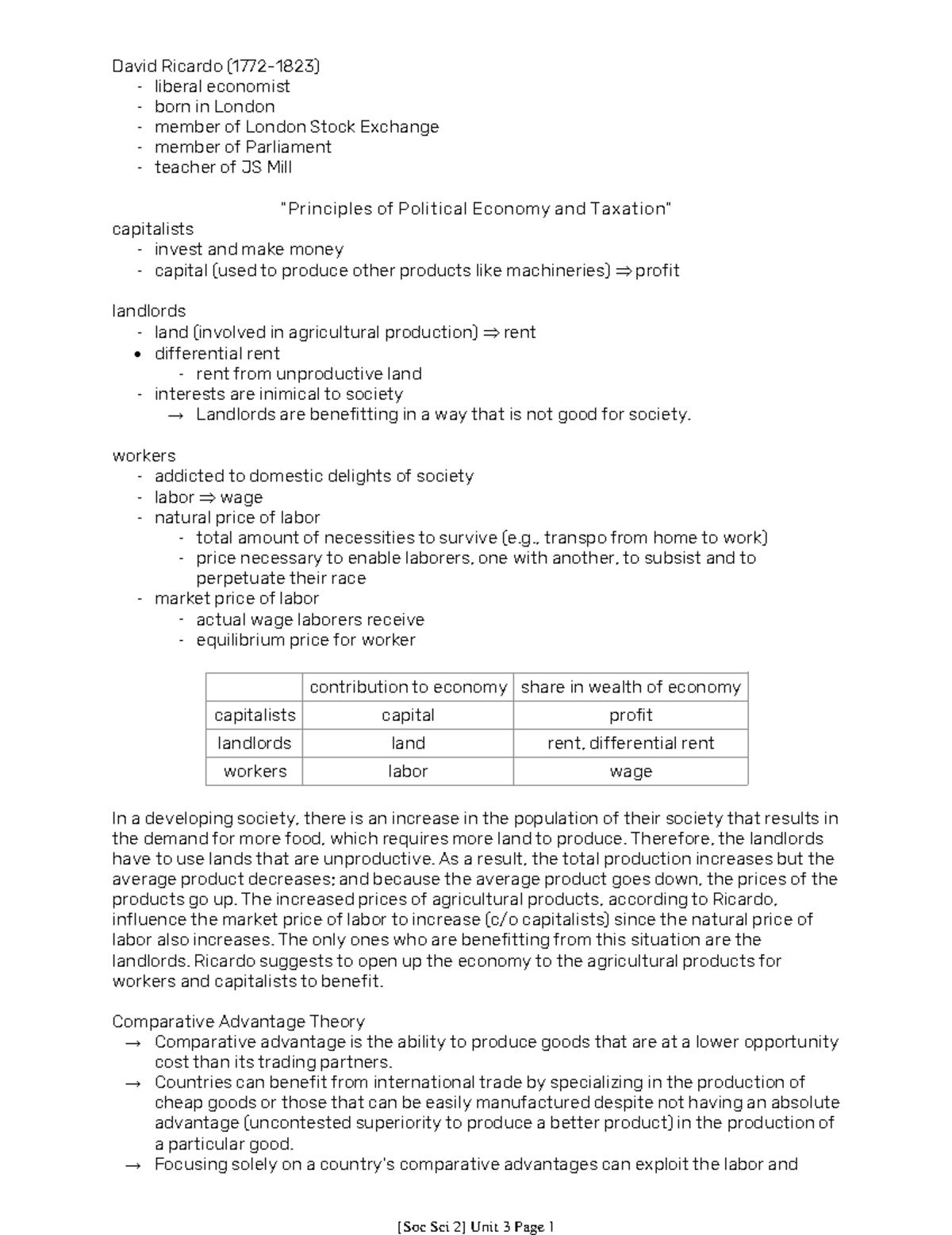 [Social Sciences] David Ricardo Notes - David Ricardo (1772-1823 ...