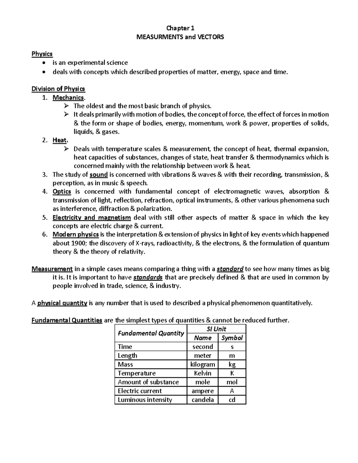 Chapter 1 Summary - Chapter 1 MEASURMENTS and VECTORS Physics is an ...